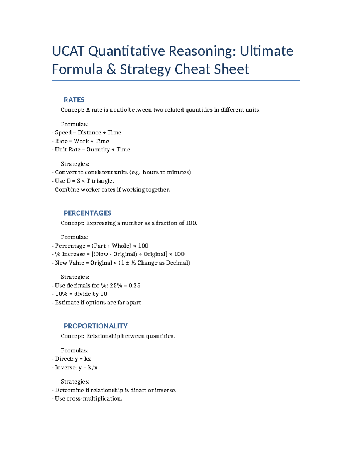 UCAT Quantitative Reasoning: Essential Formula Strategy Cheat Sheet - Studocu