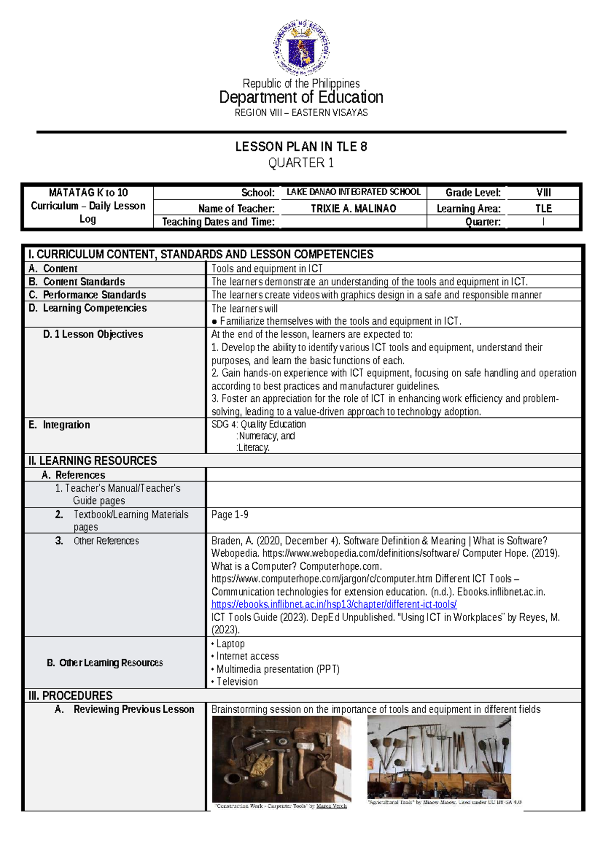 TLE 8 Lesson Plan: ICT Tools & Equipment - Quarter 1 - Studocu