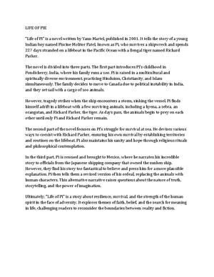 Life of Pie Analysis - Summary Life of Pi - Analysis of Life of Pi Life ...
