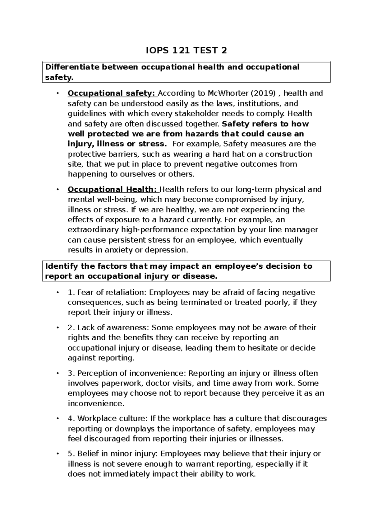 IOPS 121 Test 2: Occupational Health vs. Safety and Reporting Injuries ...