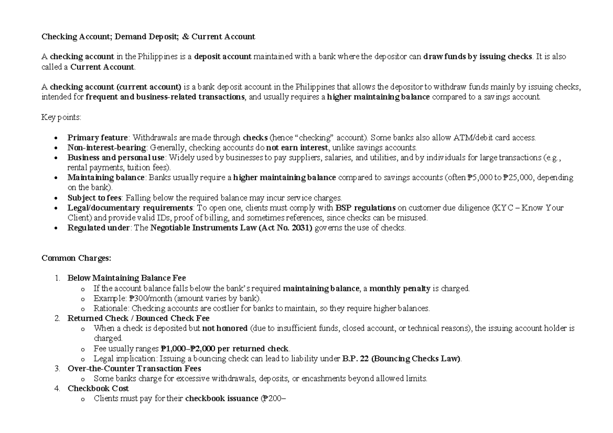 Checking Account Overview and Key Features in the Philippines - Studocu