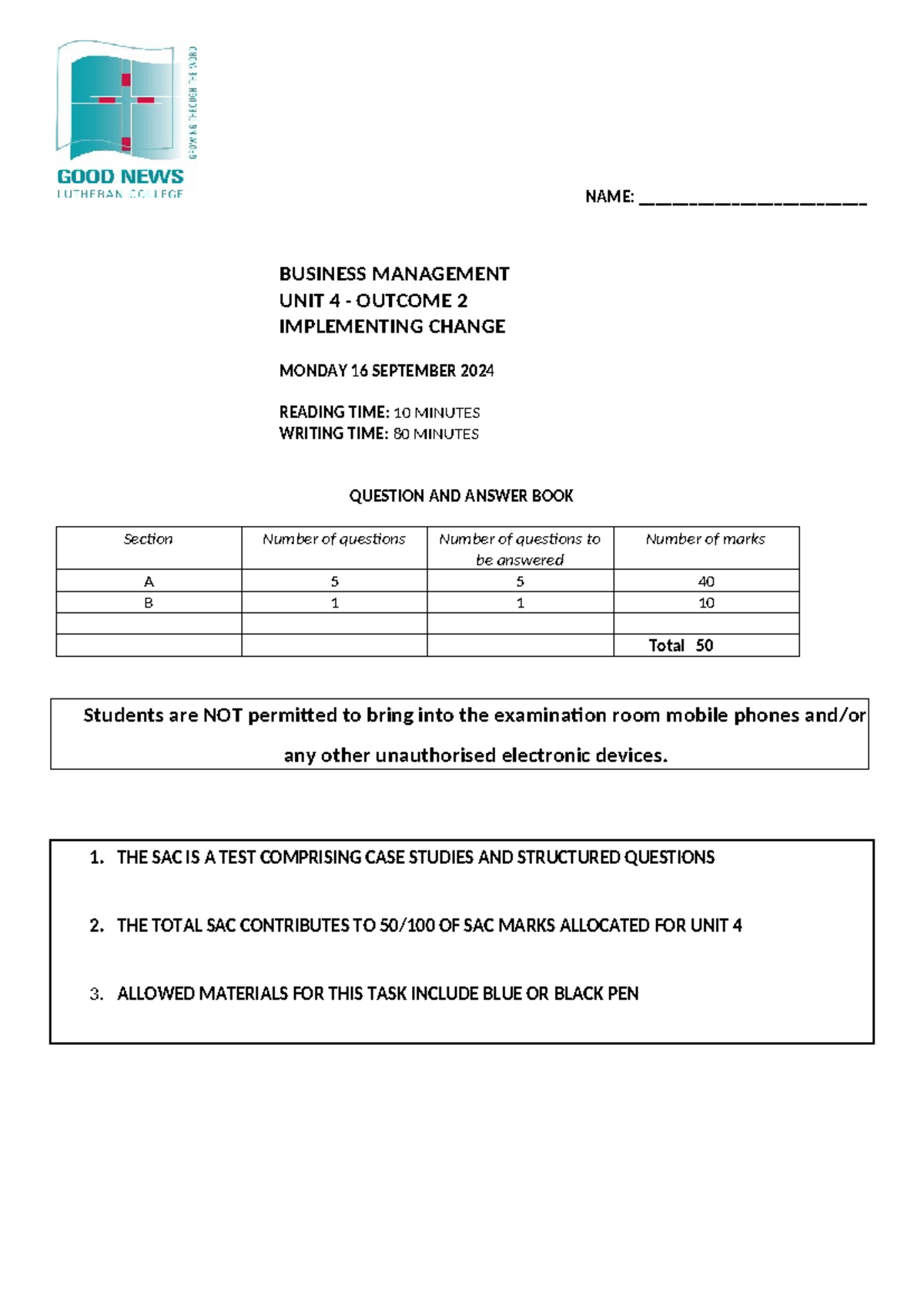 VCE Business Management: Unit 4 Outcome 2 Change Implementation SAC ...