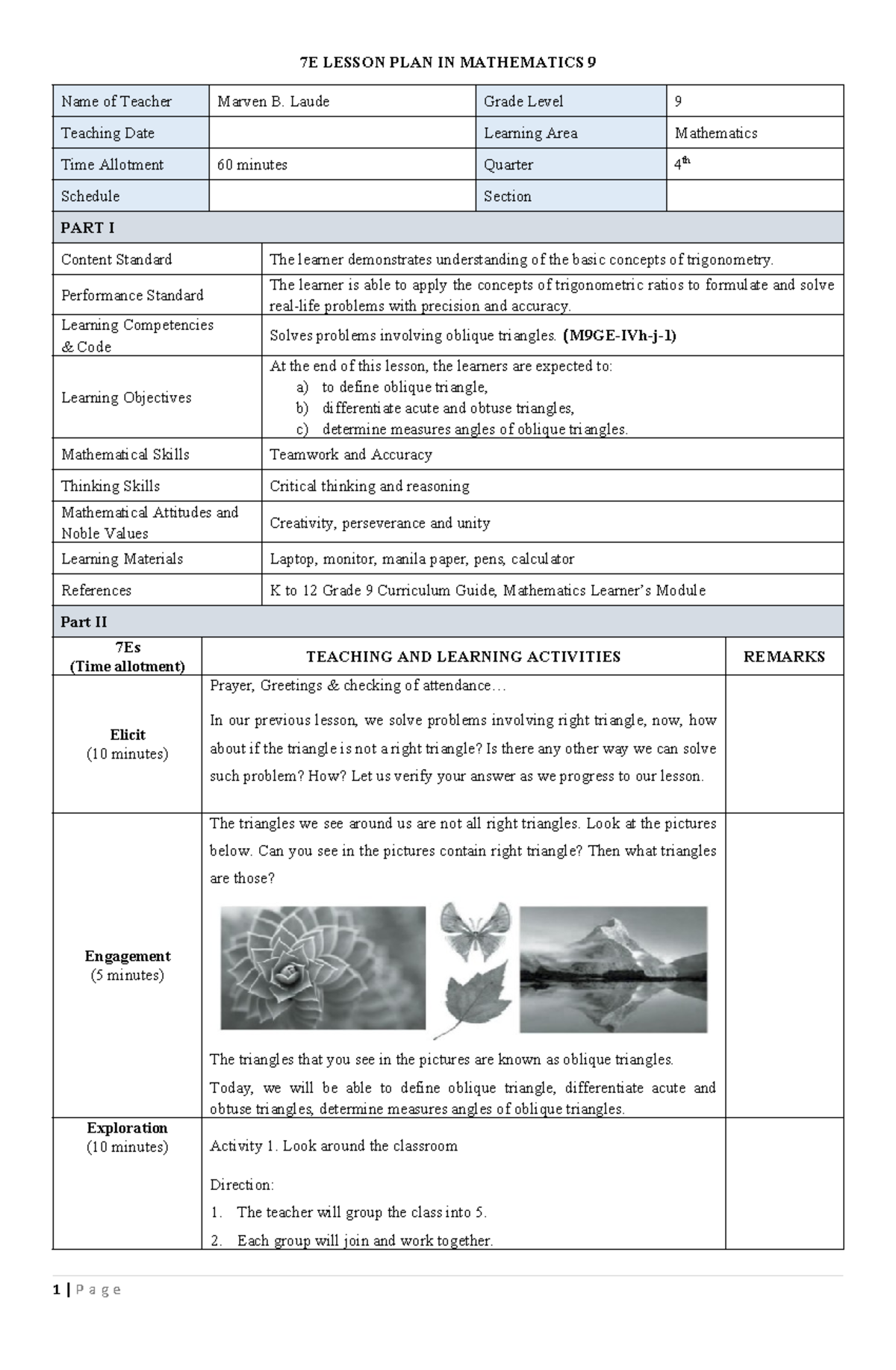 7E Lesson Plan in Mathematics 9: Understanding Oblique Triangles - Studocu