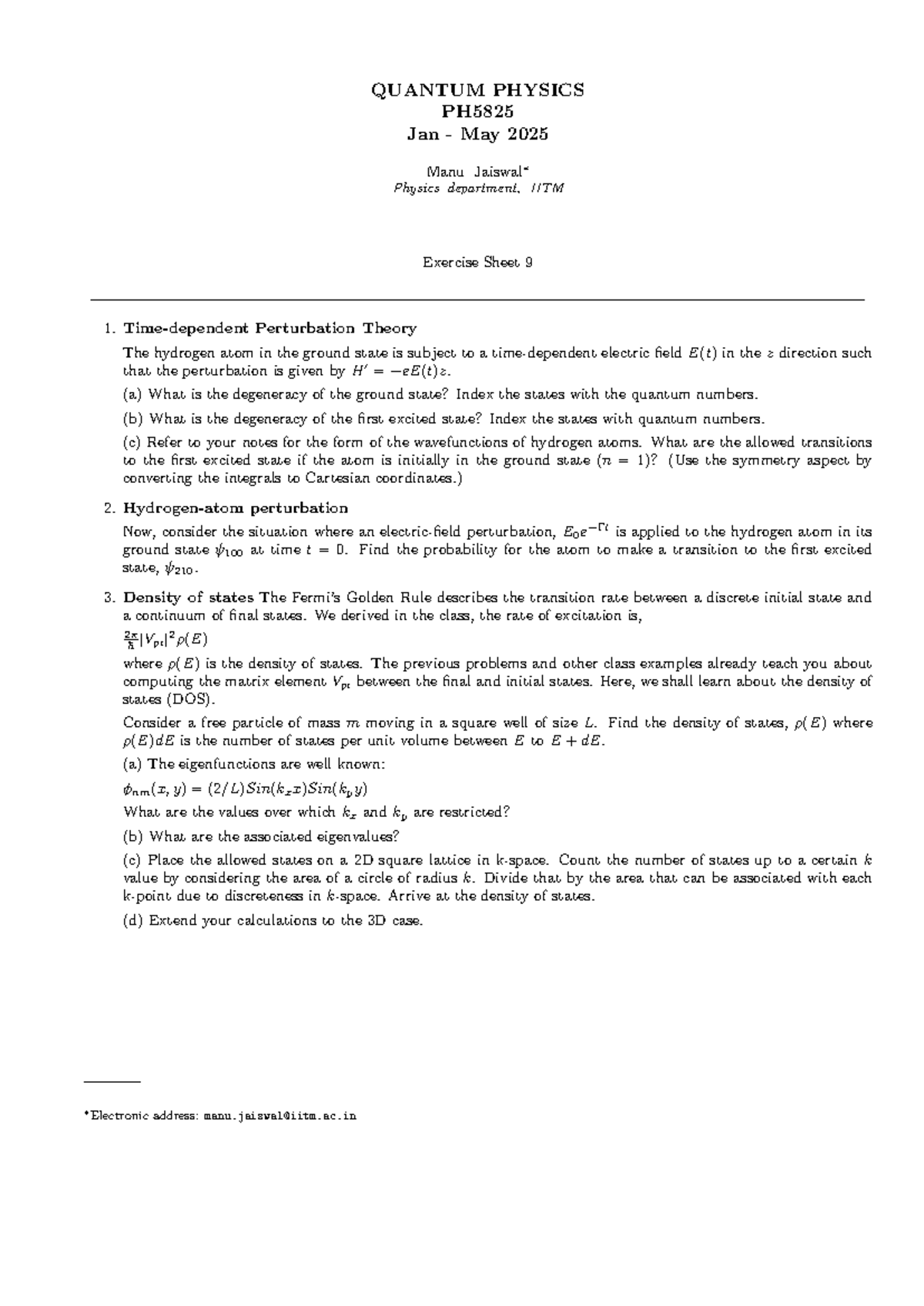 Quantum Physics PH5825 Exercise Sheet 9: Perturbation Theory & DOS ...