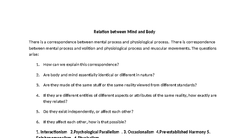 PHI 101: Mind-Body Relationship Theories and Correspondences - Studocu