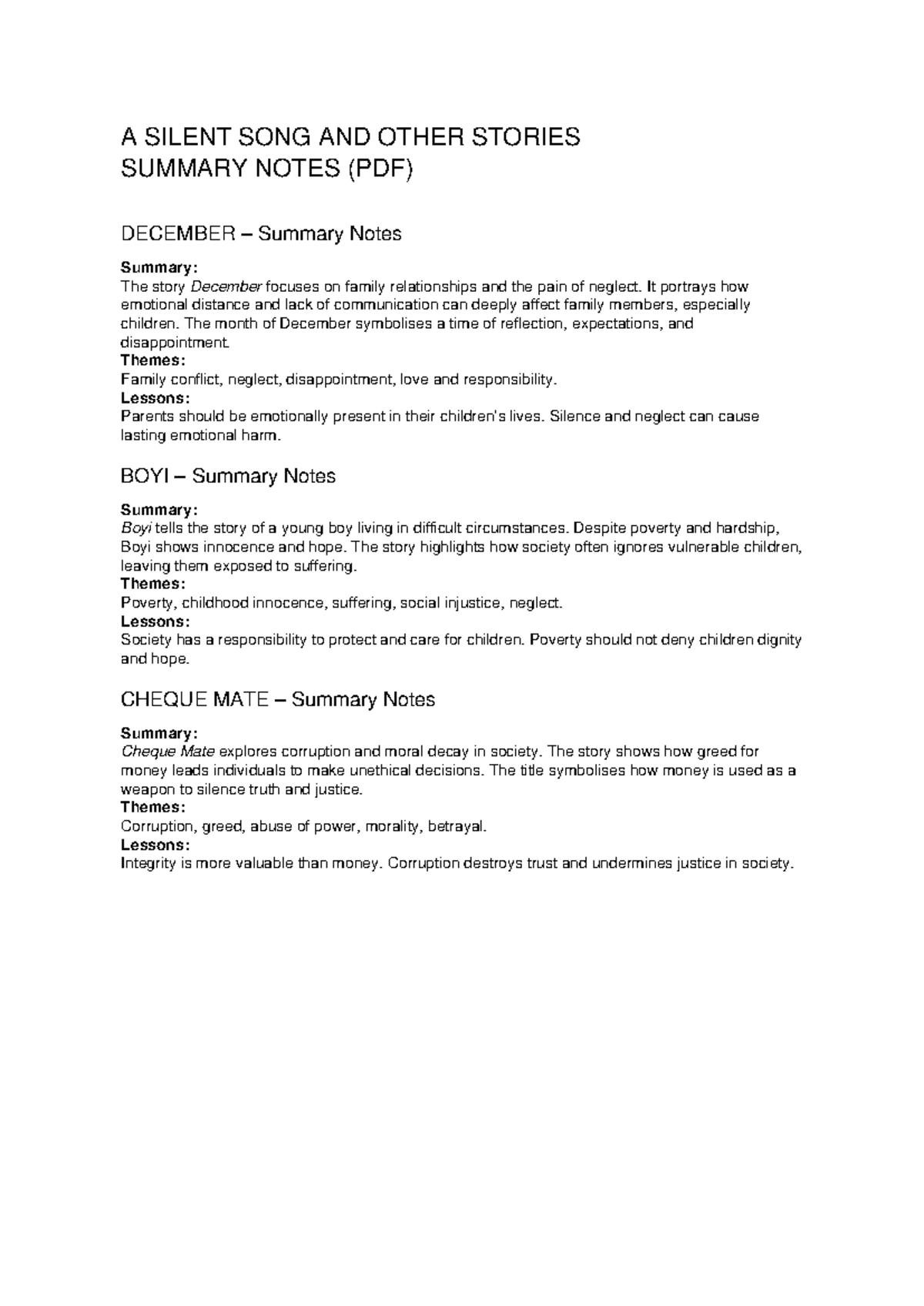 A SILENT SONG & OTHER STORIES: SUMMARY NOTES (DECEMBER) - Studocu