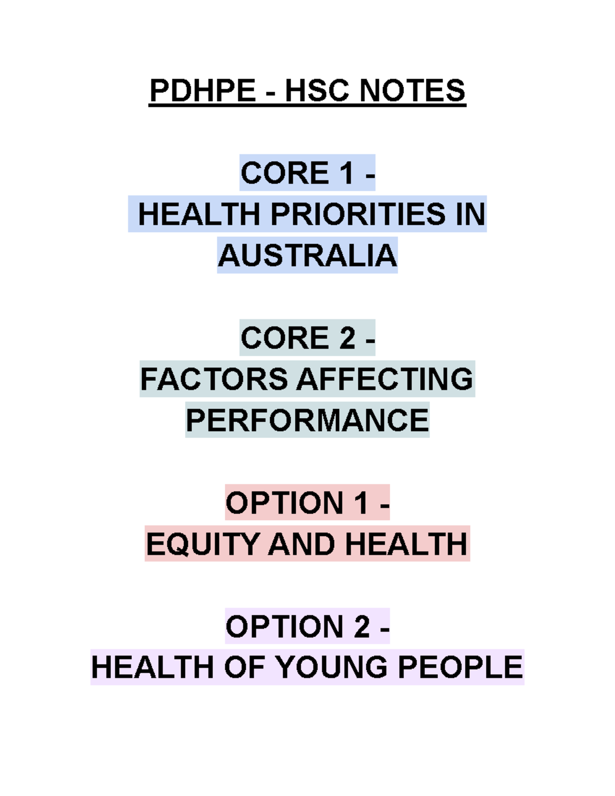 HSC - Pdhpe notes - PDHPE - HSC NOTES CORE 1 - HEALTH PRIORITIES IN ...