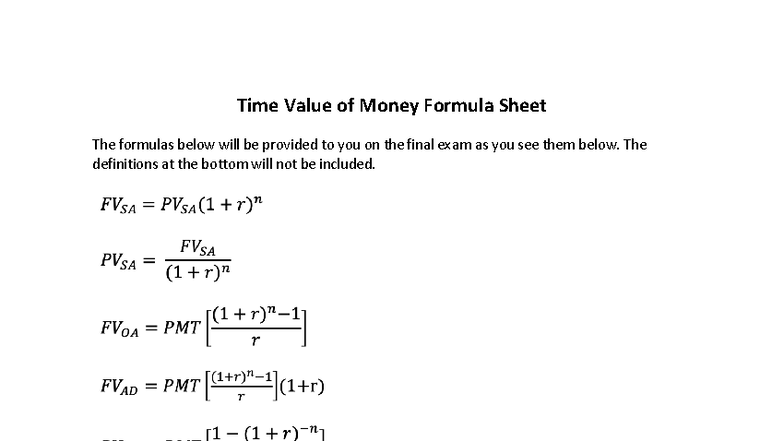 Time Value of Money Formula Sheet - The definitions at the bottom will ...