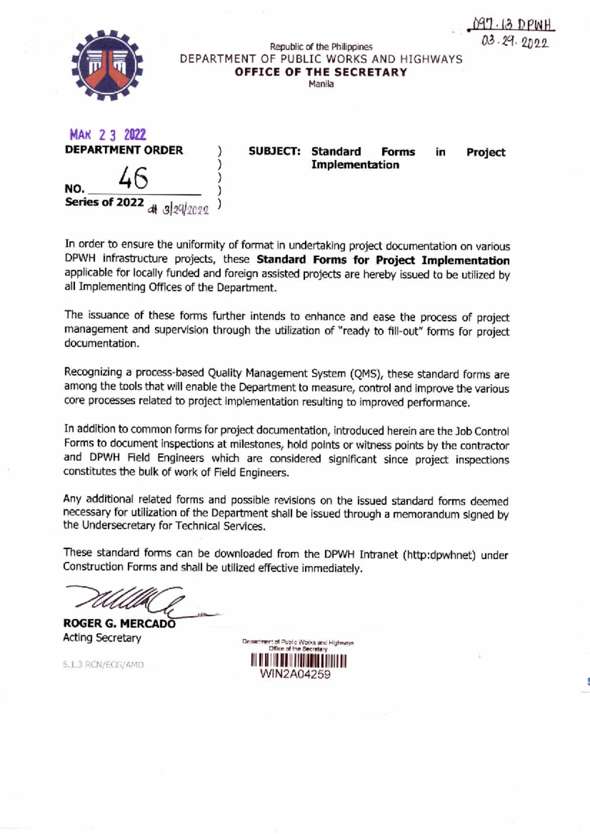 DO 046 s2022: Standard Forms for Project Implementation in DPWH - Studocu