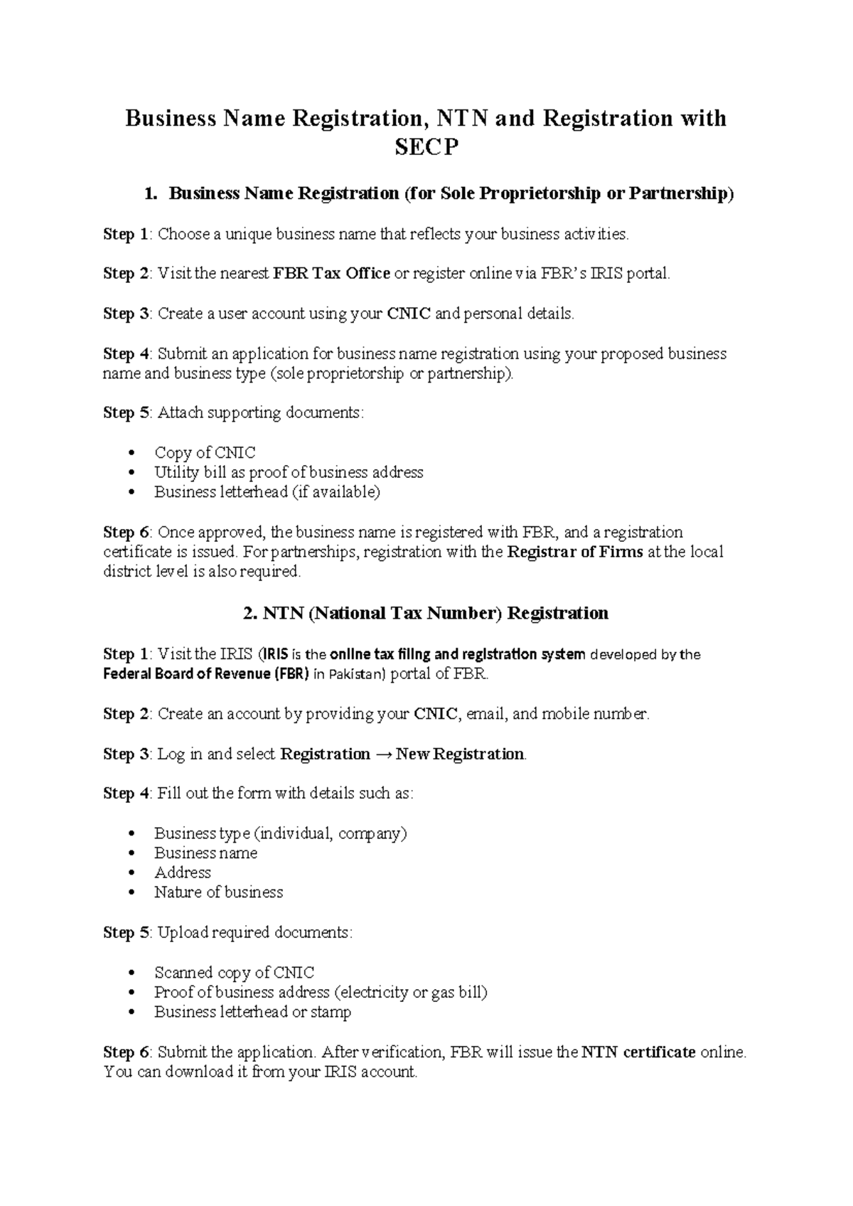Business Name & NTN Registration Guide for Sole Proprietorships - Studocu