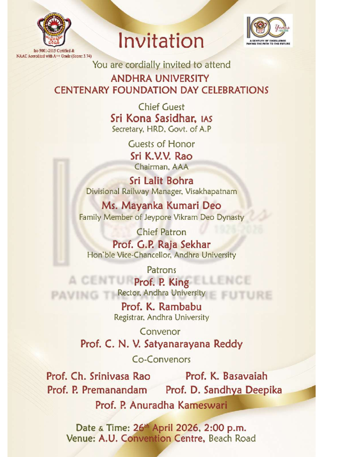 Invitation to AU Centenary Foundation Day Celebrations (ISO 9001-2015 ...