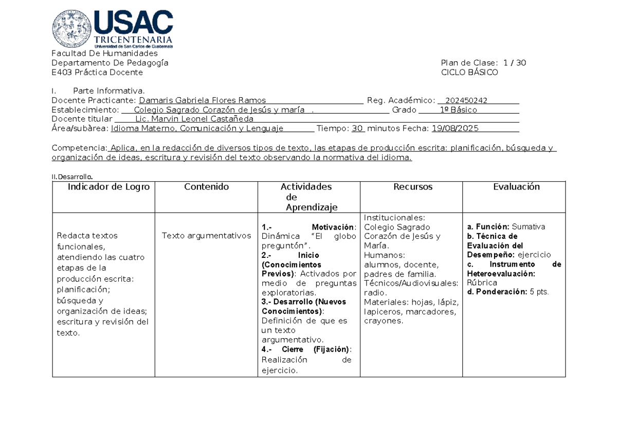 E403 Práctica Docente: Plan de Clase para 1º Básico en Comunicación ...