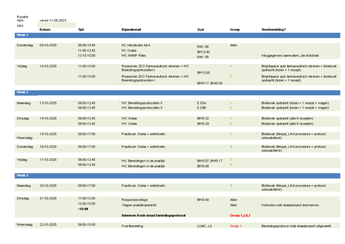 Rooster AA Brightspace v1 - HC Farmaceutisch Rekenen en Practica ...