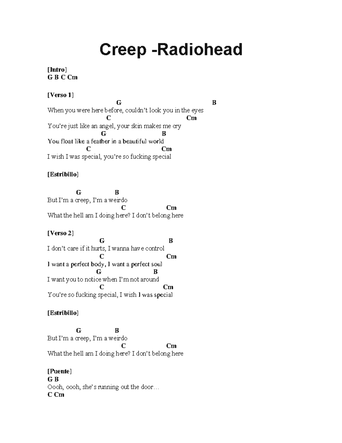 Creep - Acordes para Guitarra y Letra de Canción - Studocu