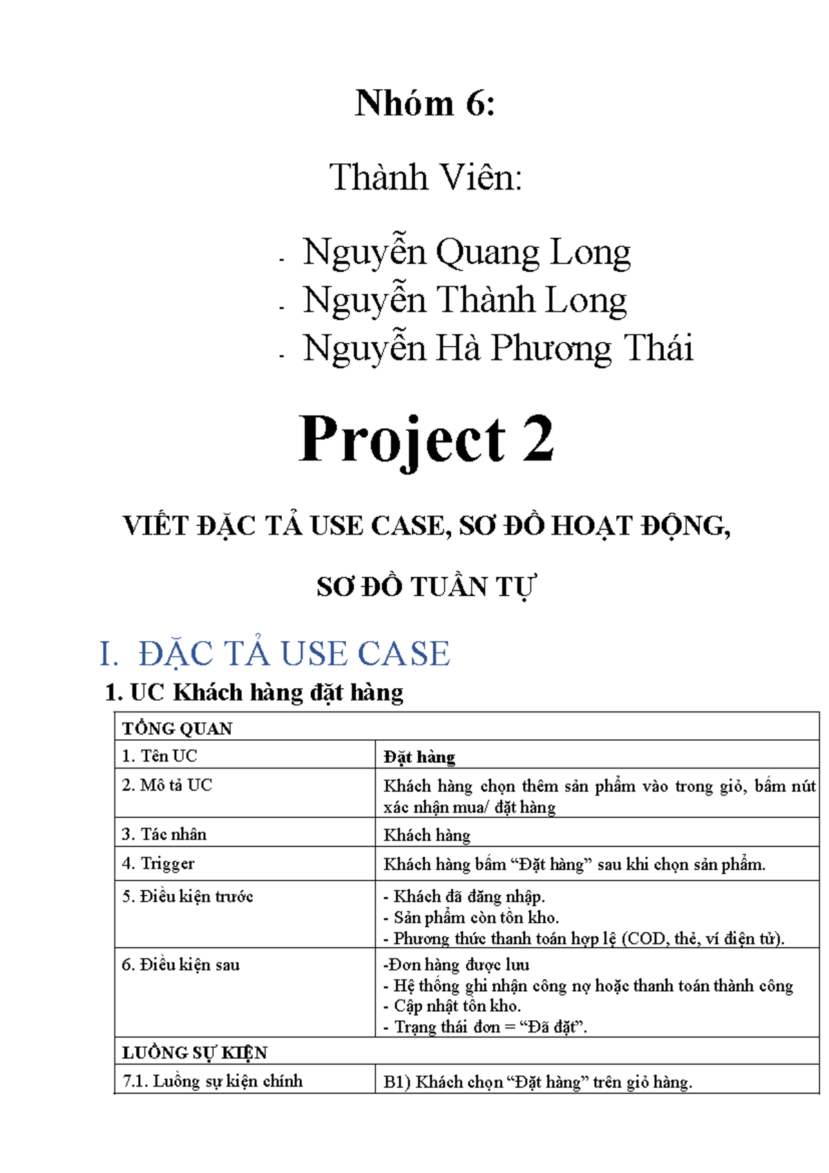 Đặc Tả Use Case và Sơ Đồ Hoạt Động - Project 2 (Nhóm 6) - Studocu