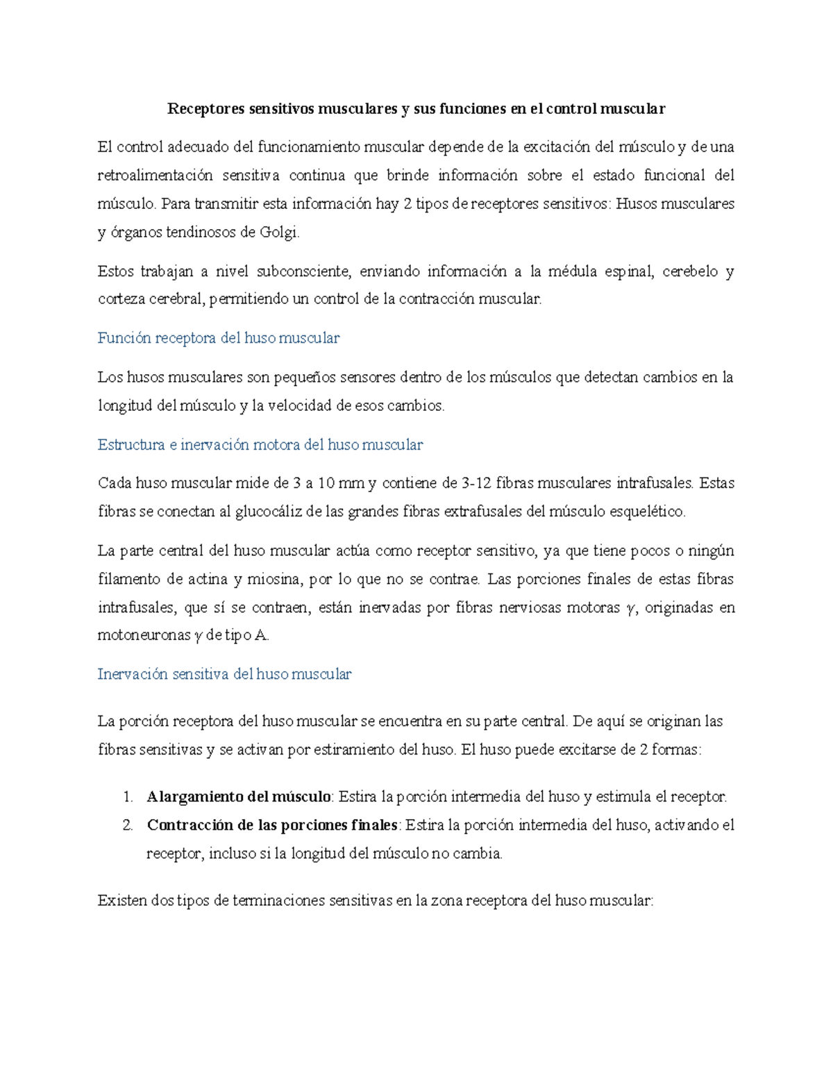Huso Muscular: Resumen y Funciones de los Receptores Sensitivos - Studocu
