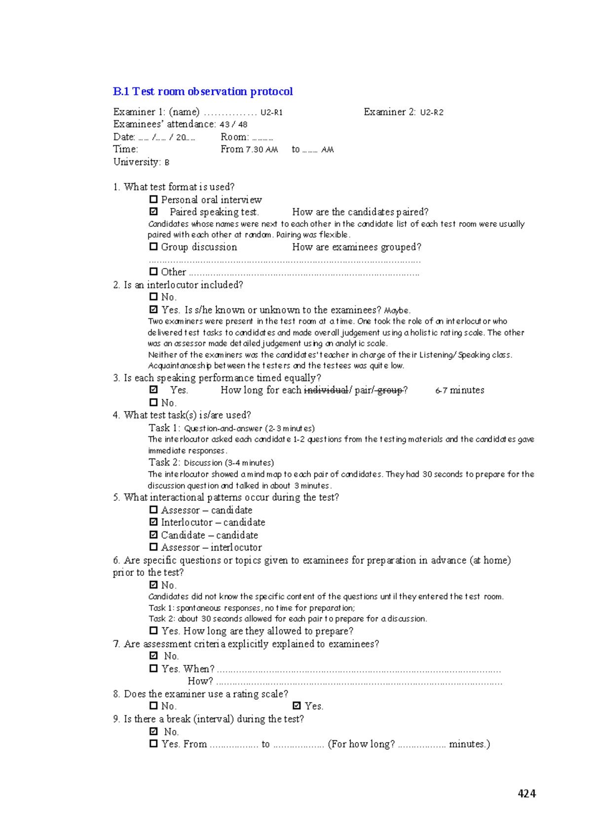 B.1 Test Room Observation Protocol for Oral Interviews - Studocu