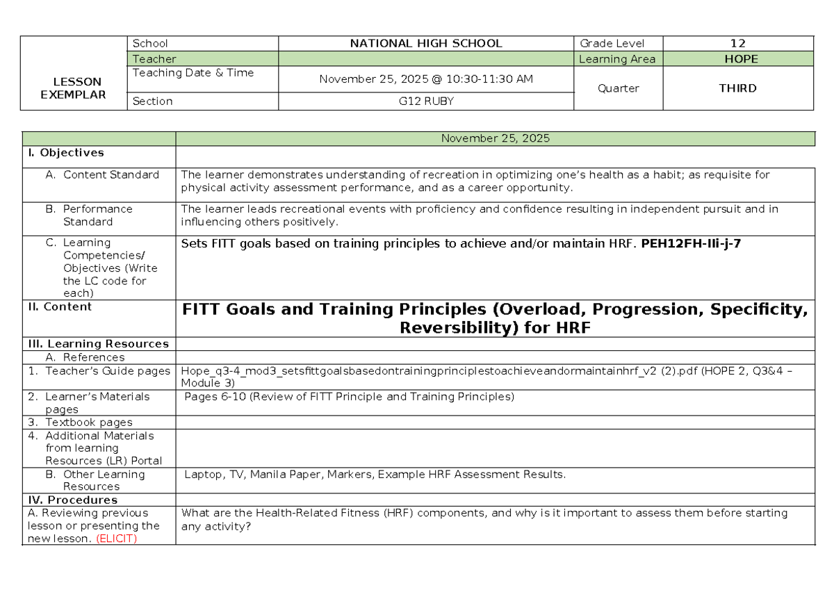 G12 HOPE 12 Lesson Plan: Understanding FITT & Training Principles - Studocu