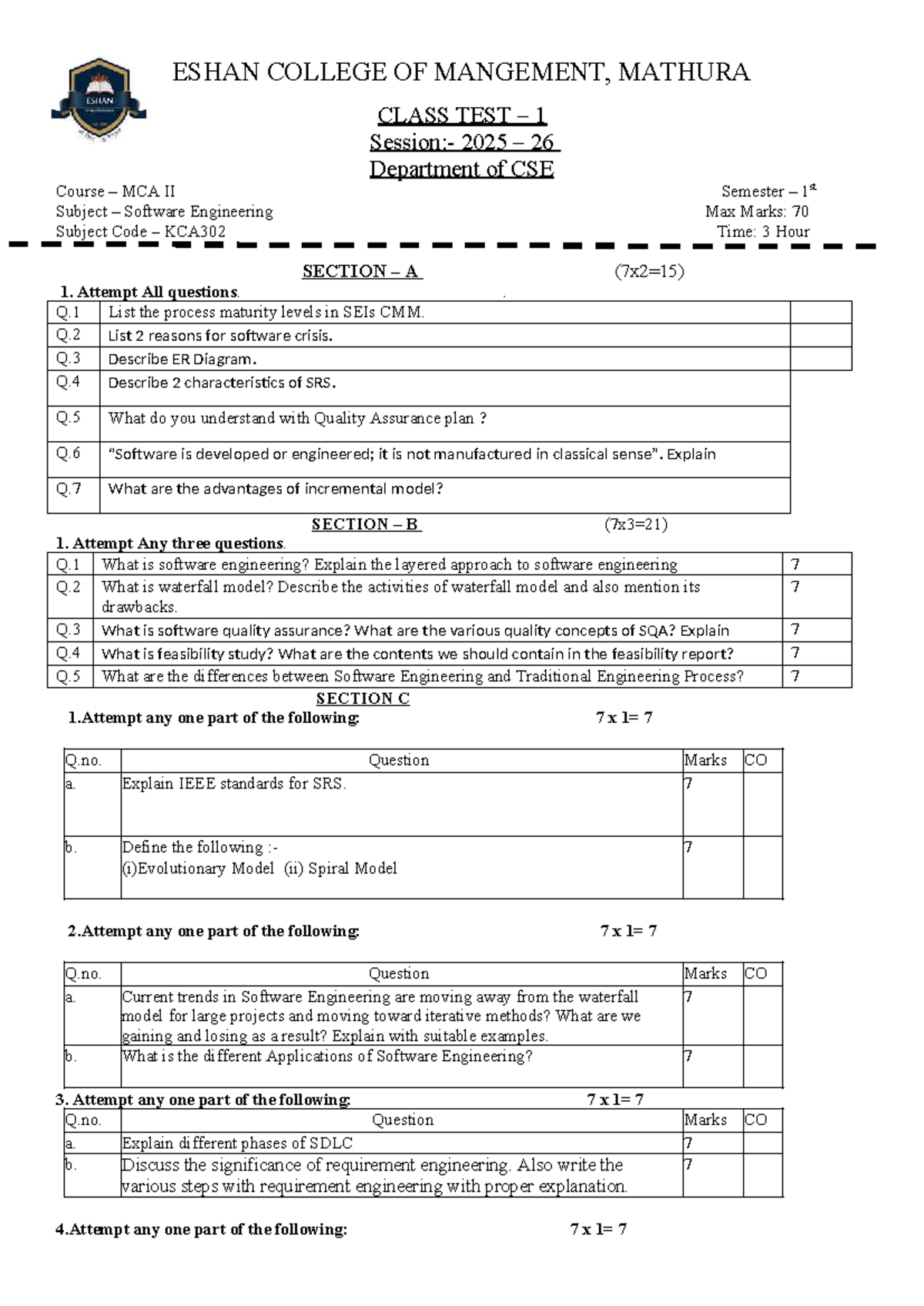 MCA II Software Engineering Class Test 1 (KCA302) Practice Guide - Studocu
