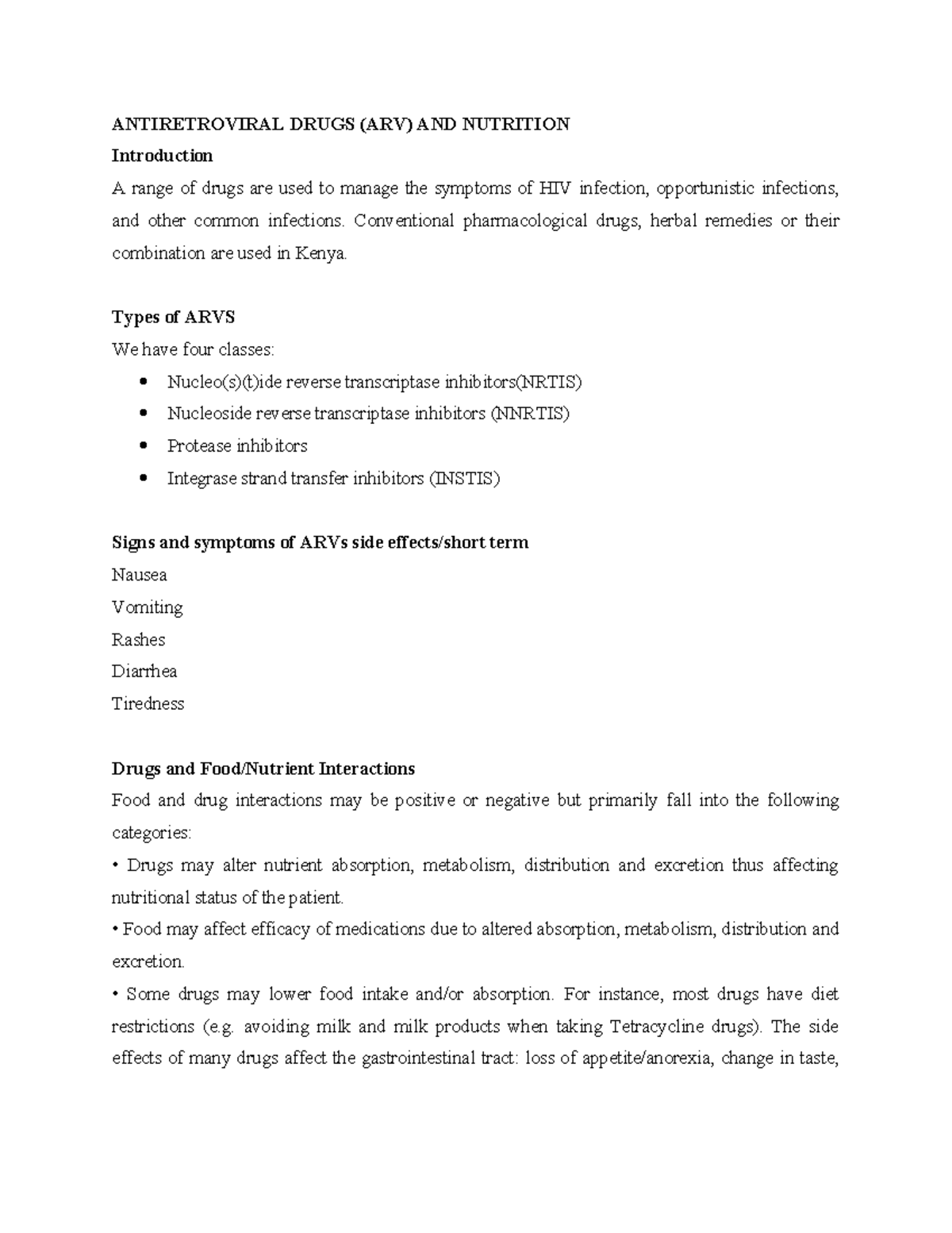 Antiretroviral Drugs notes - ANTIRETROVIRAL DRUGS (ARV) AND NUTRITION ...