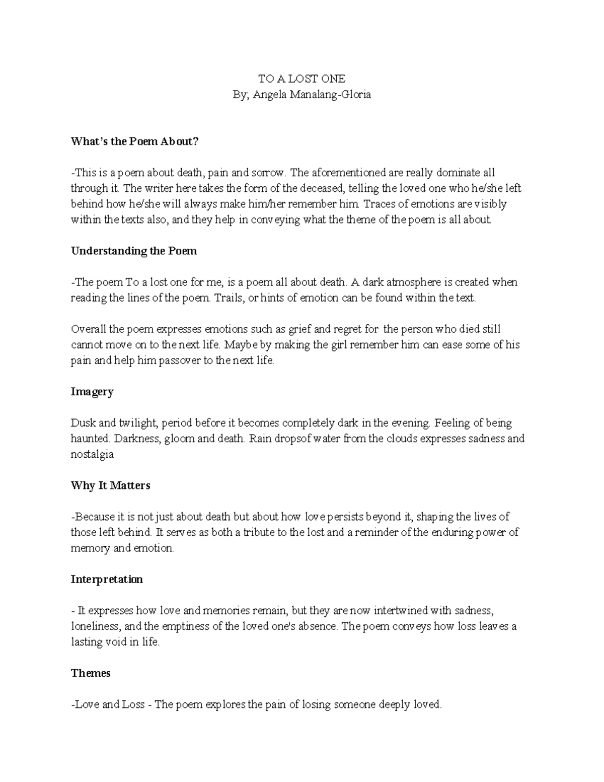 ENG 202 - TO A LOST ONE: Exploring Love and Grief in the Poem - Studocu