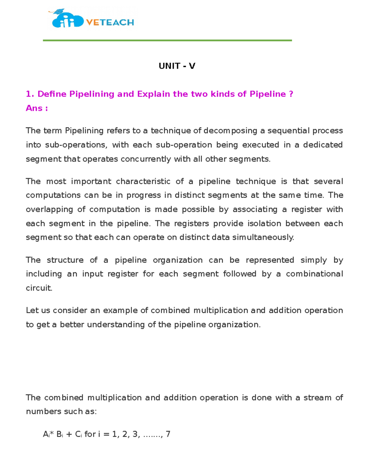 COA-UNIT-V - Pipelining and Processor Architecture Notes - Studocu