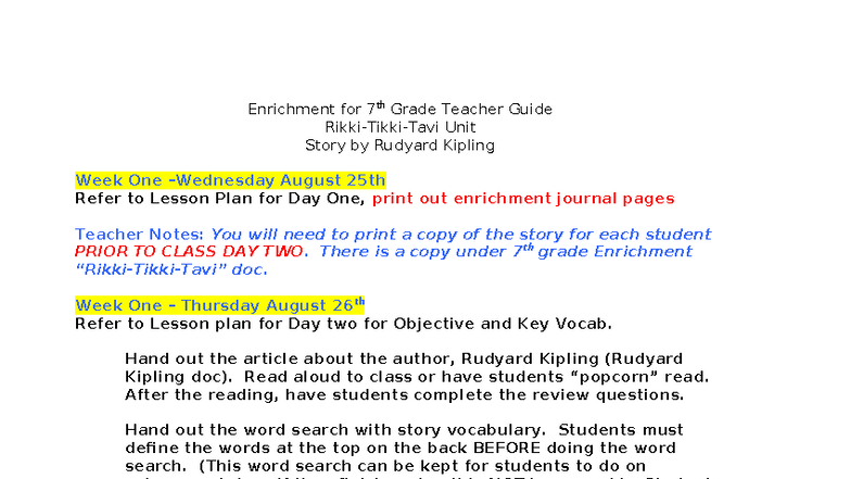 7th Grade Teacher Guide: Rikki Tikki Tavi Enrichment Activities - Studocu