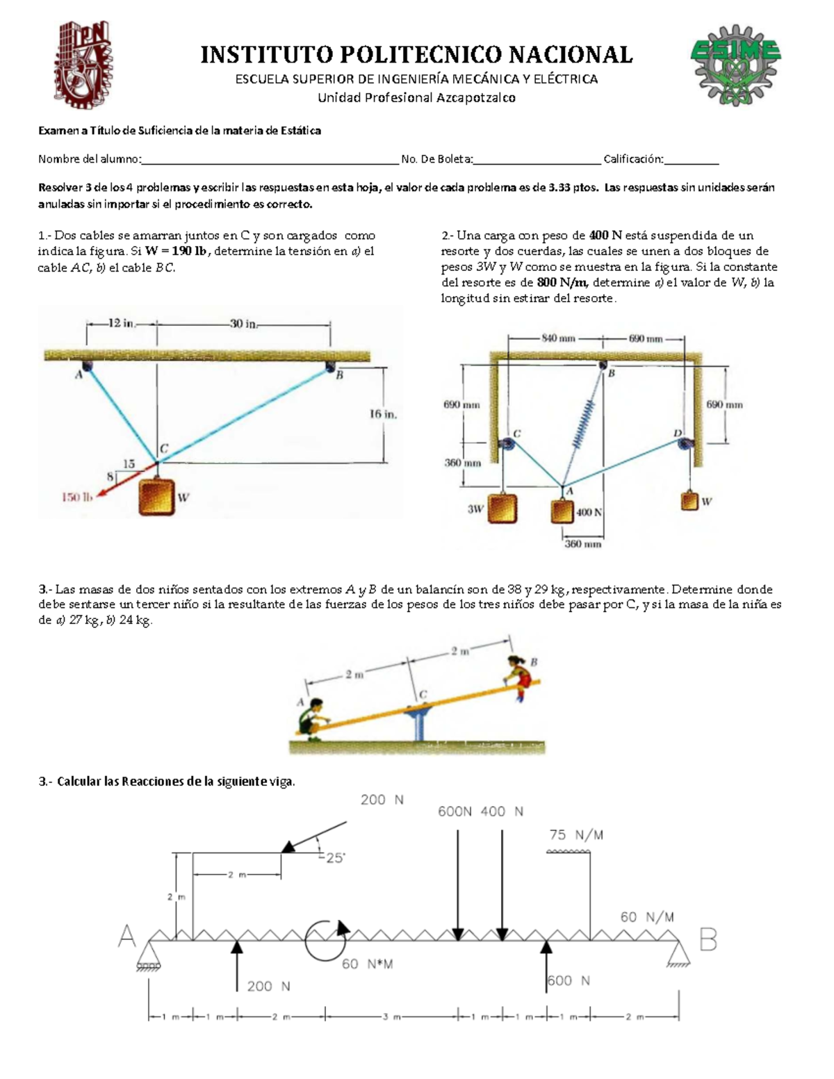 ETS ESTÁTICA 2016 MAR - Examen de Suficiencia en Estática - Studocu