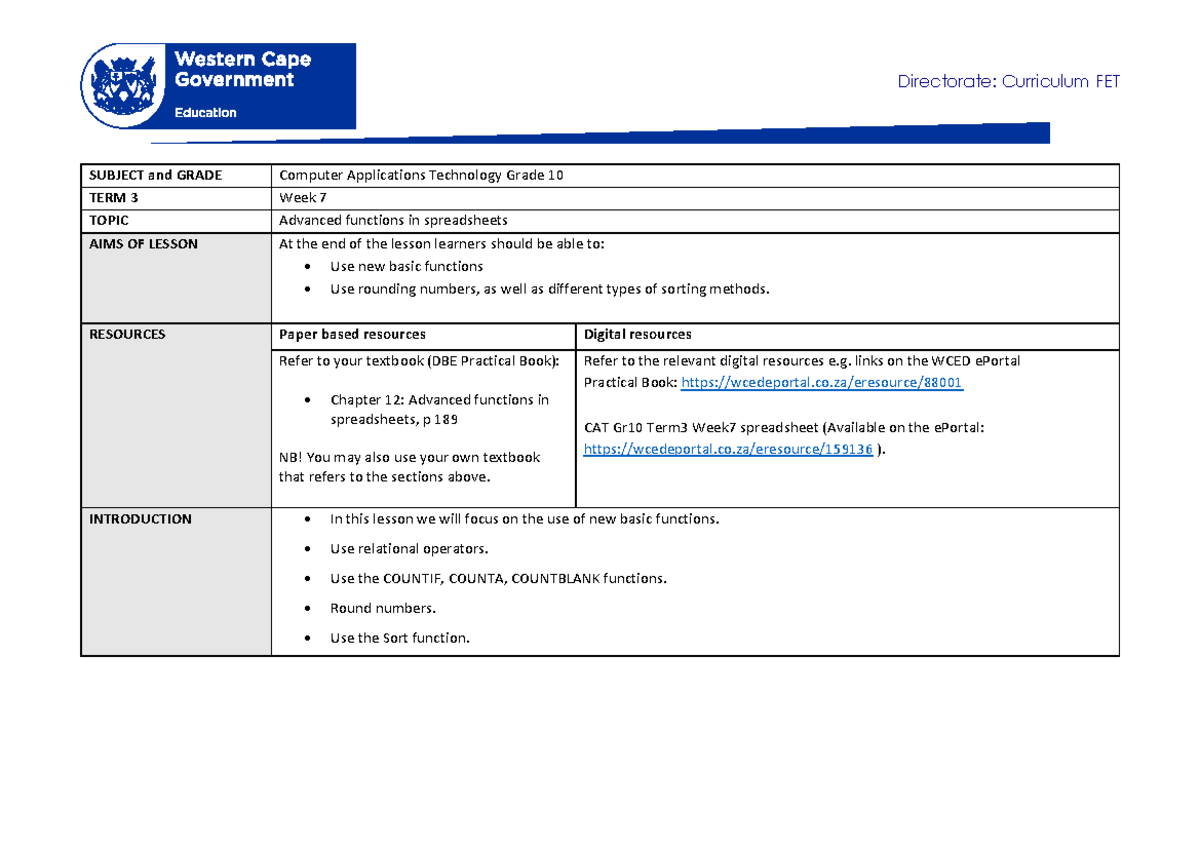 CAT Grade 10 Term 3 Week 7: Advanced Spreadsheet Functions Guide - Studocu