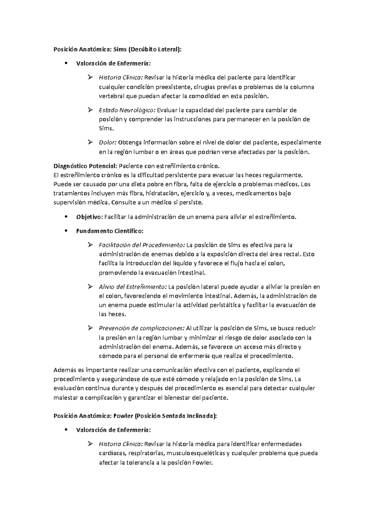 Notas de Posición Anatómica en Enfermería: Sims, Fowler y Más - Studocu