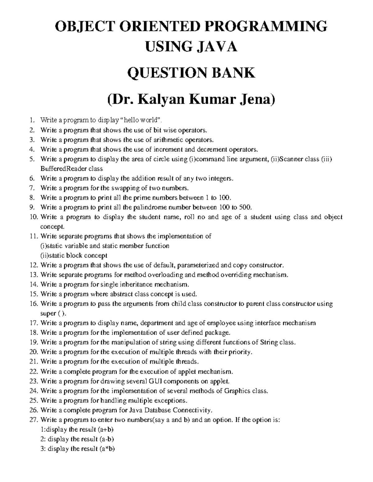 OOPJ - Java Question Bank - Comprehensive Programming Exercises - Studocu