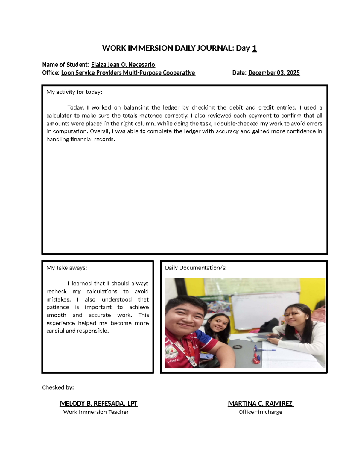 WORK IMMERSION DAILY JOURNAL: Elaiza Jean O. Necesario - Studocu