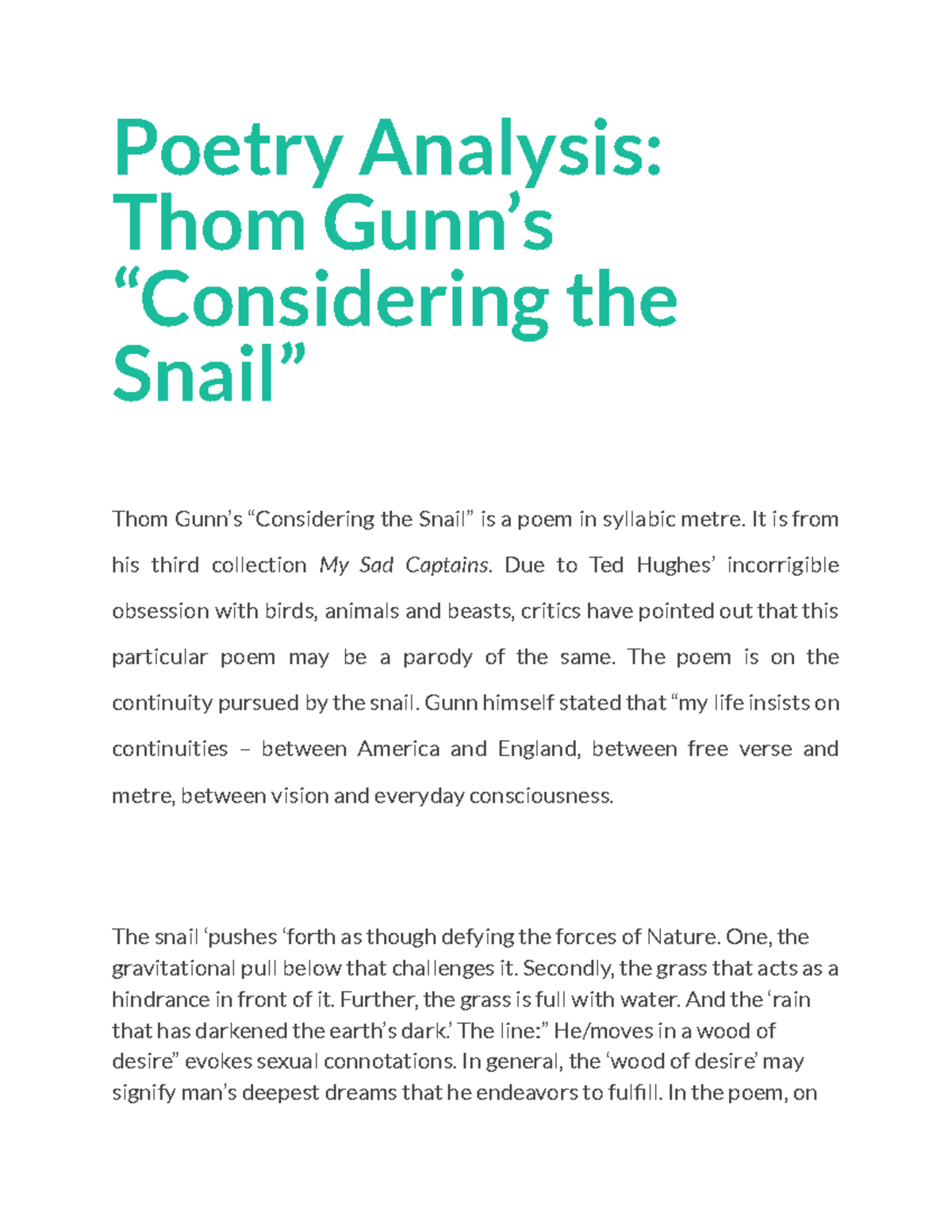 Poetry Analysis: Examining Thom Gunn's "Considering the Snail" - Studocu
