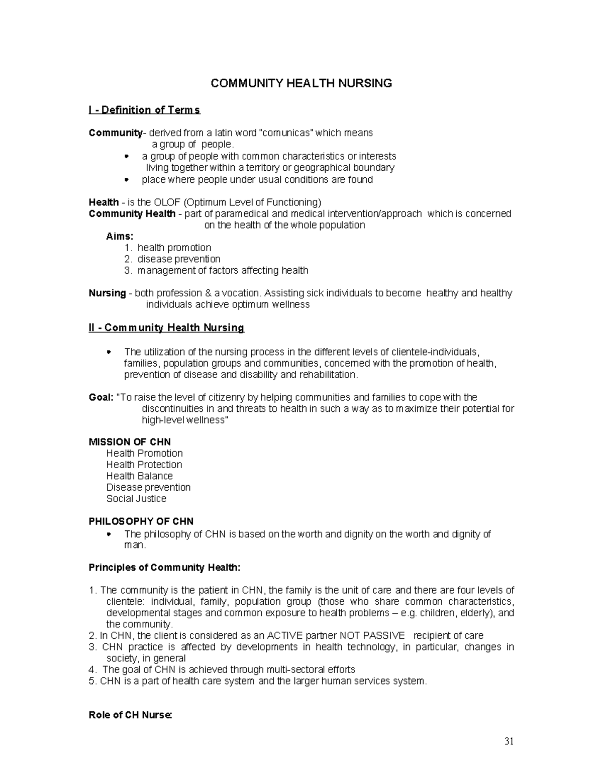 CHN 101 Community Health Nursing: Key Concepts and Definitions - Studocu