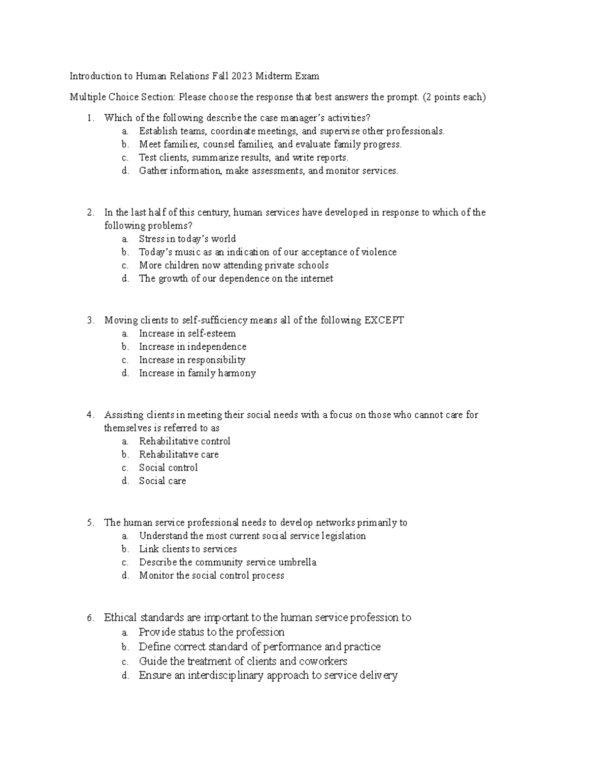 Introduction to Human Relations (HR 101) Fall 2023 Midterm Exam ...