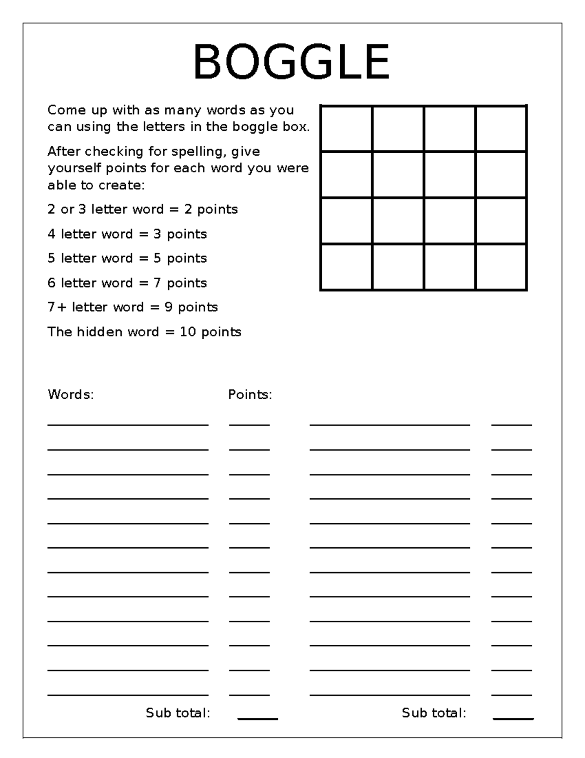 Boggle Template - Literacy activity to engage audience - BOGGLE Come up ...