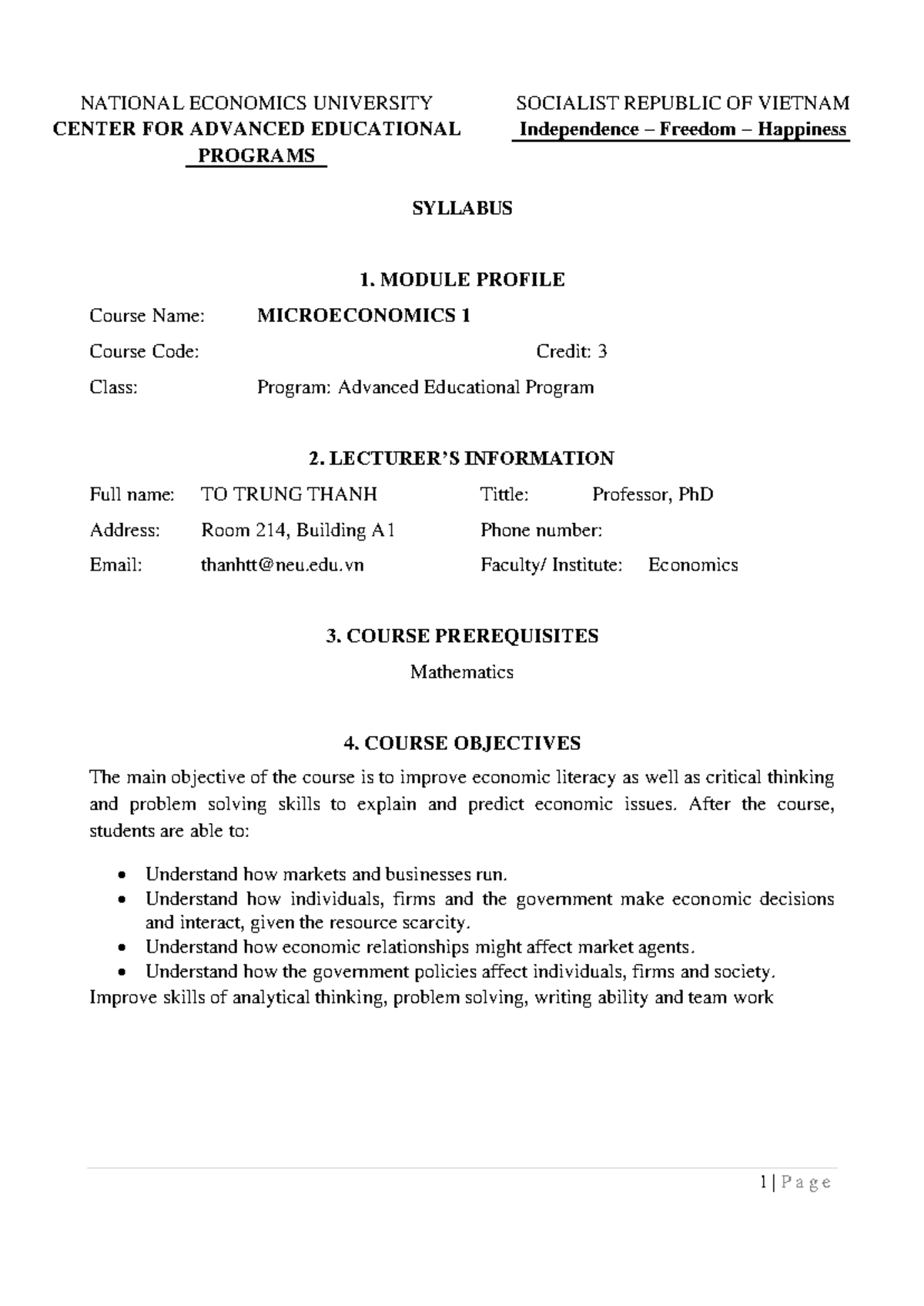Microeconomics CTTT Syllabus 1 - NATIONAL ECONOMICS UNIVERSITY CENTER ...