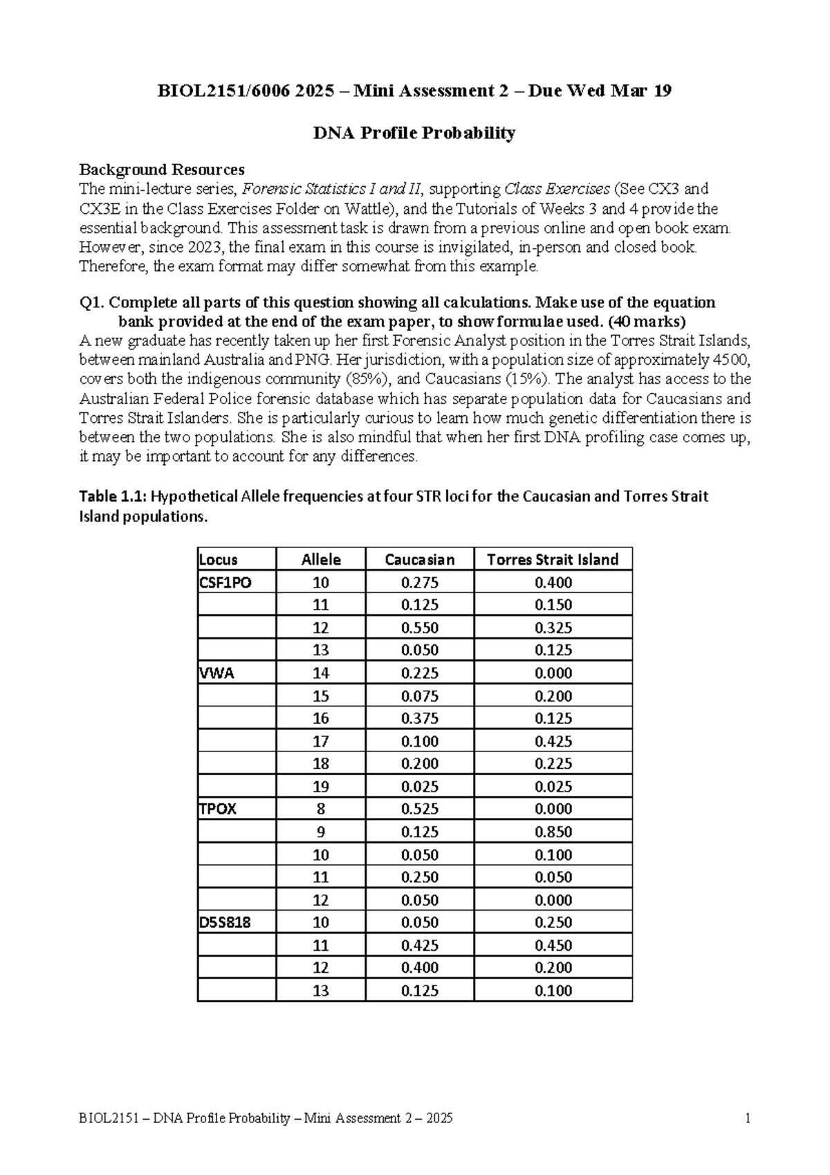 BIOL2151 Mini Assessment 2: DNA Profile Probability Analysis 2025 - Studocu