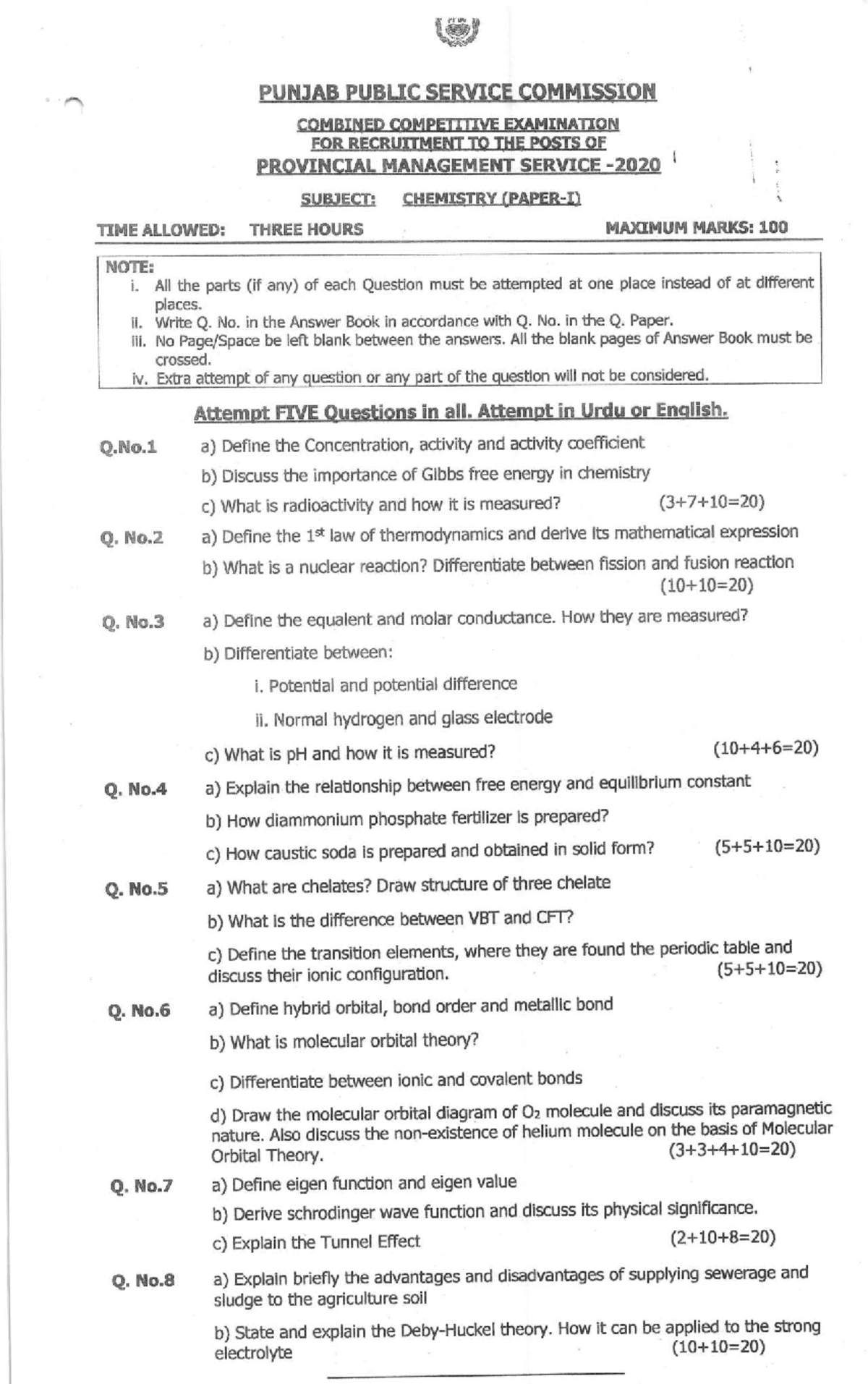 Chemistry 2020 - PMS Combined Competitive Exam Past Paper - Studocu