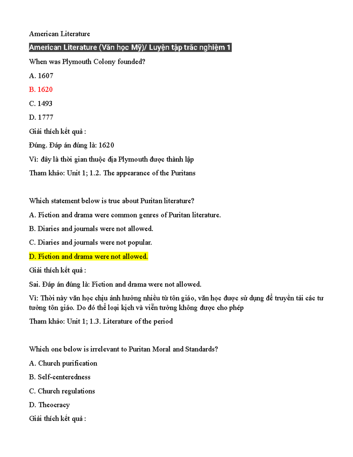 American Literature Quiz Notes (Văn học Luyện tập trắc nghiệm) - Studocu
