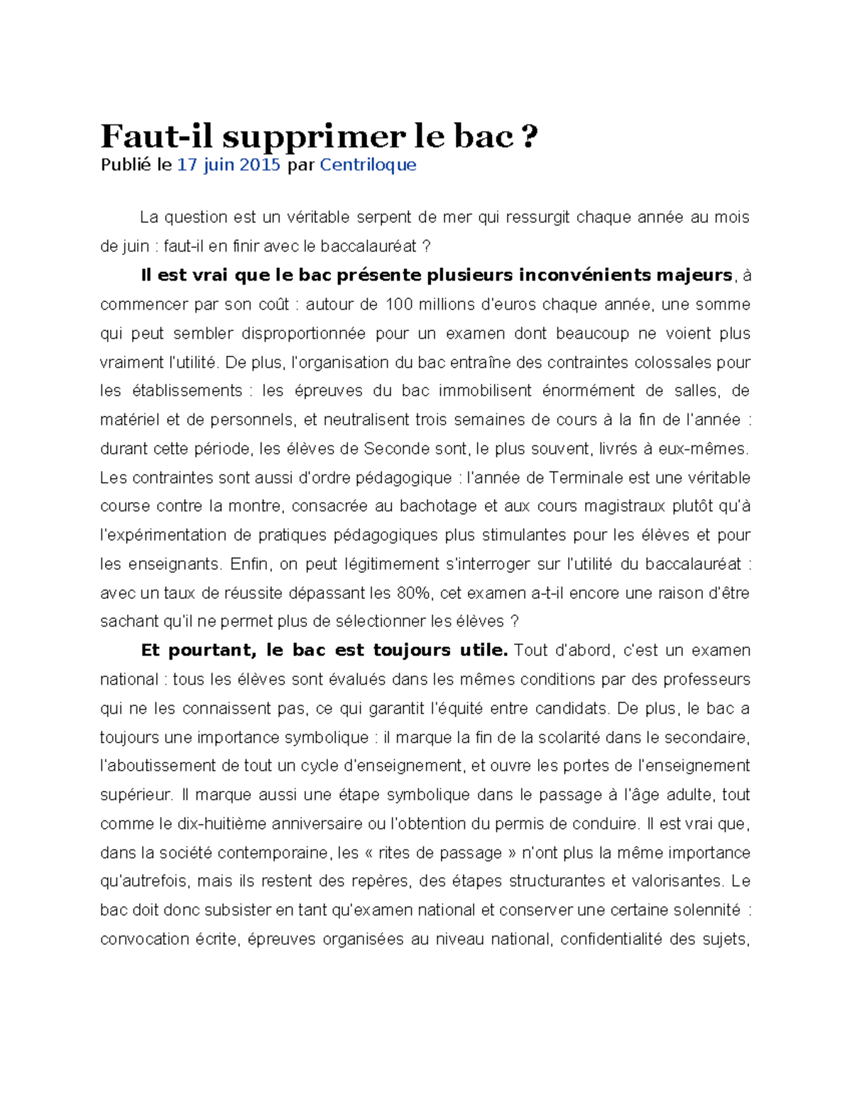 Comprehension ecrite - Faut-il supprimer le bac? Publié le 17 juin 2015 ...
