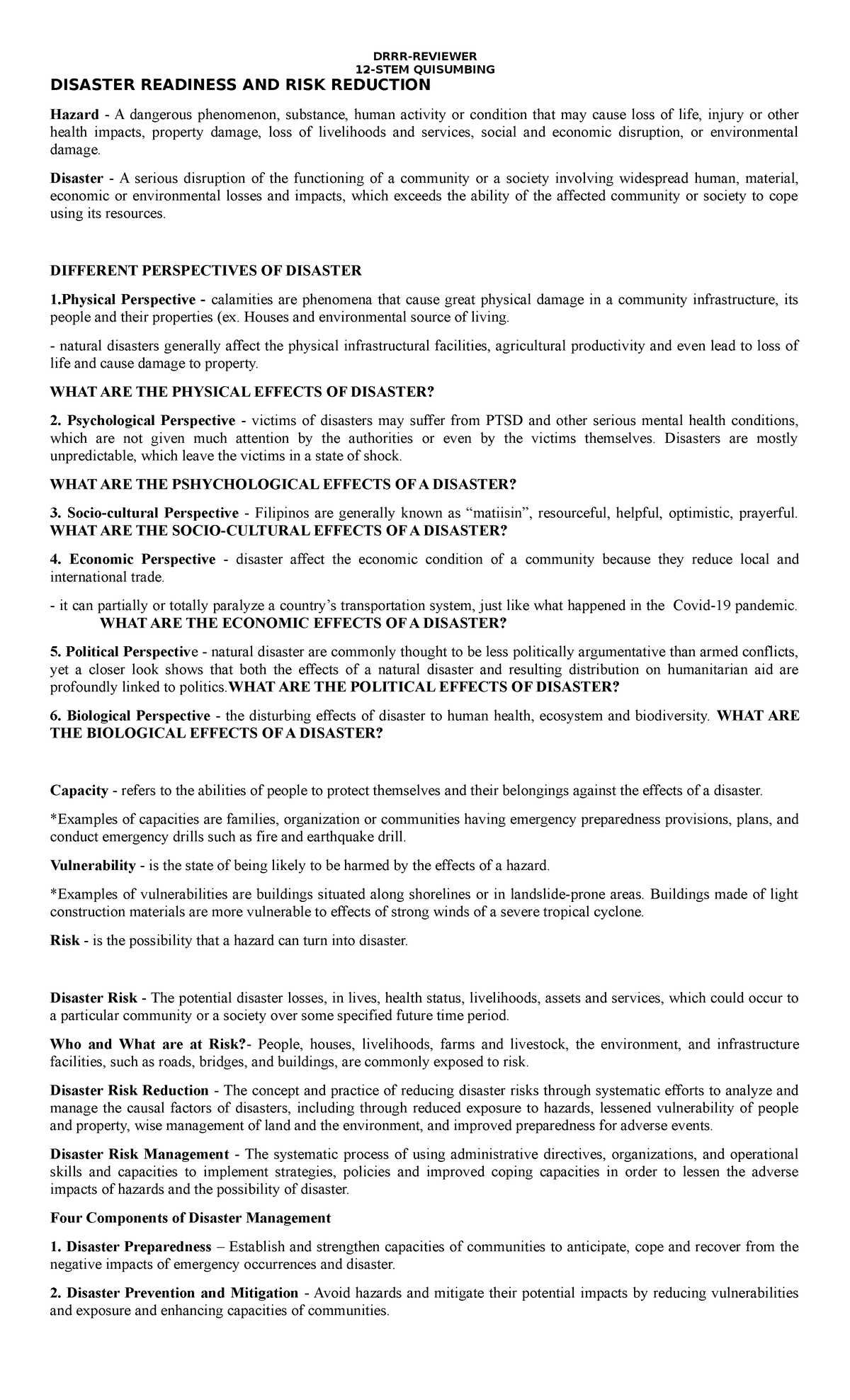 DRRR-Reviewer: Insights on Disaster Readiness and Risk Management - Studocu