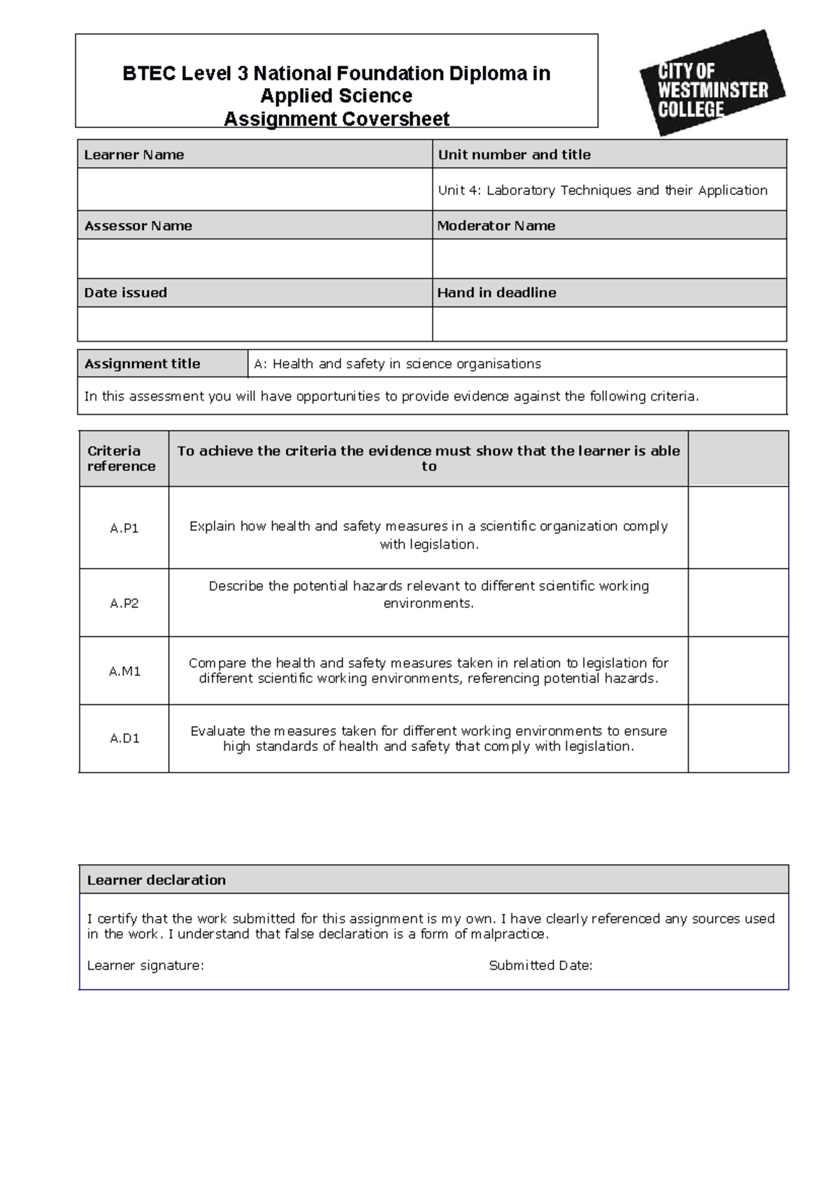 BTEC Level 3 Applied Science Unit 4 Assignment A: Health & Safety ...