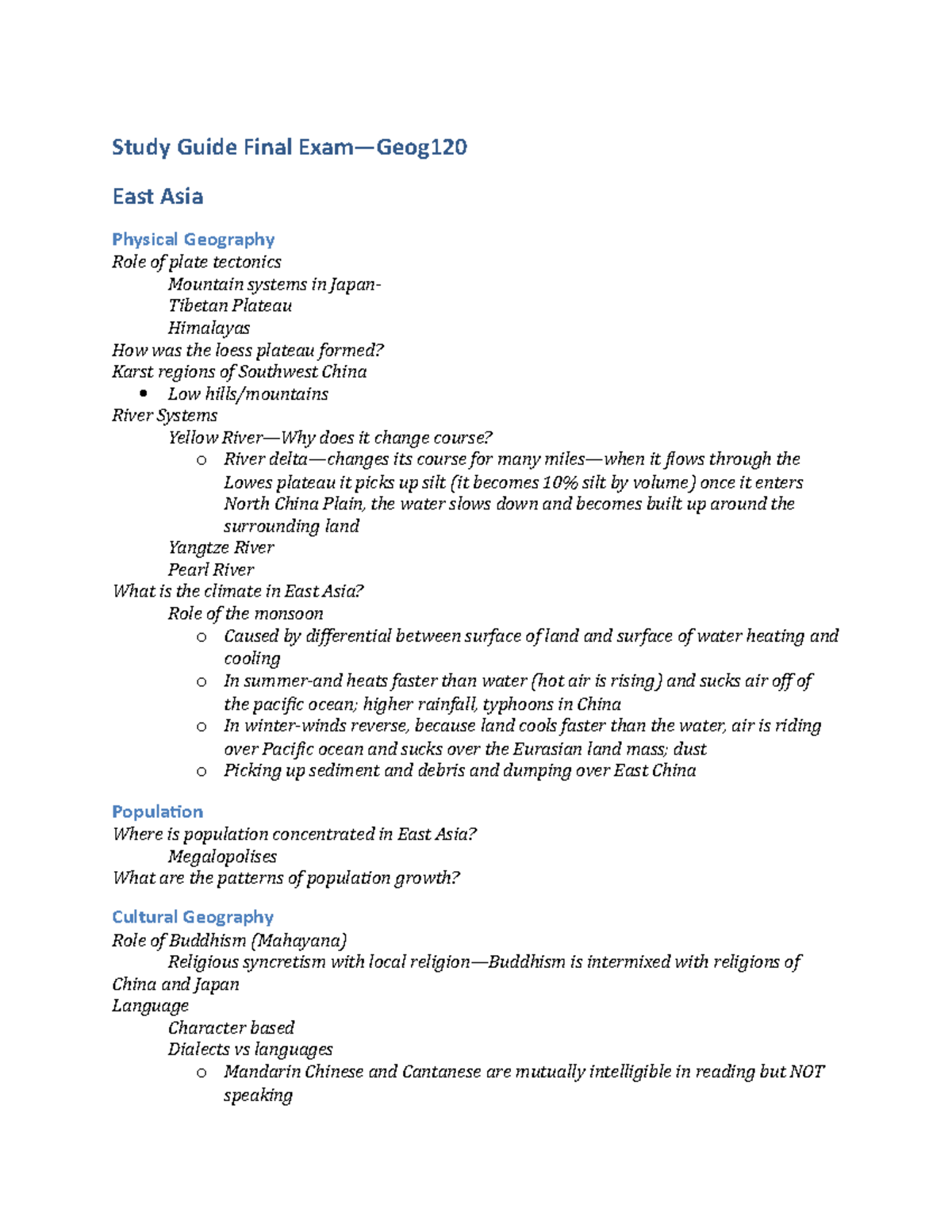 Geog120 study guide - Study Guide Final Exam—Geog East Asia Physical ...