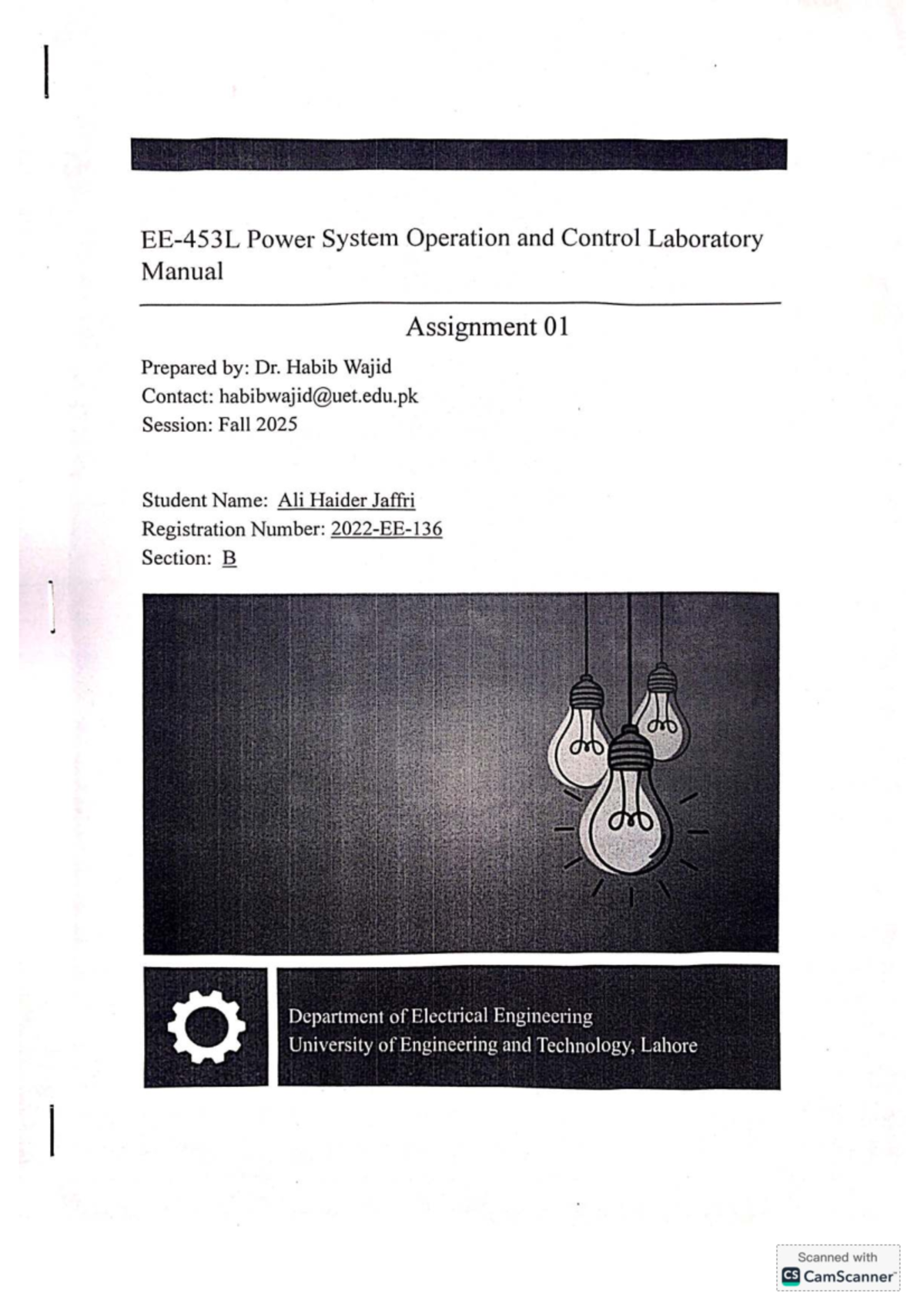 Power System Operation and Control Lab Manual - Assignment 01 - Studocu