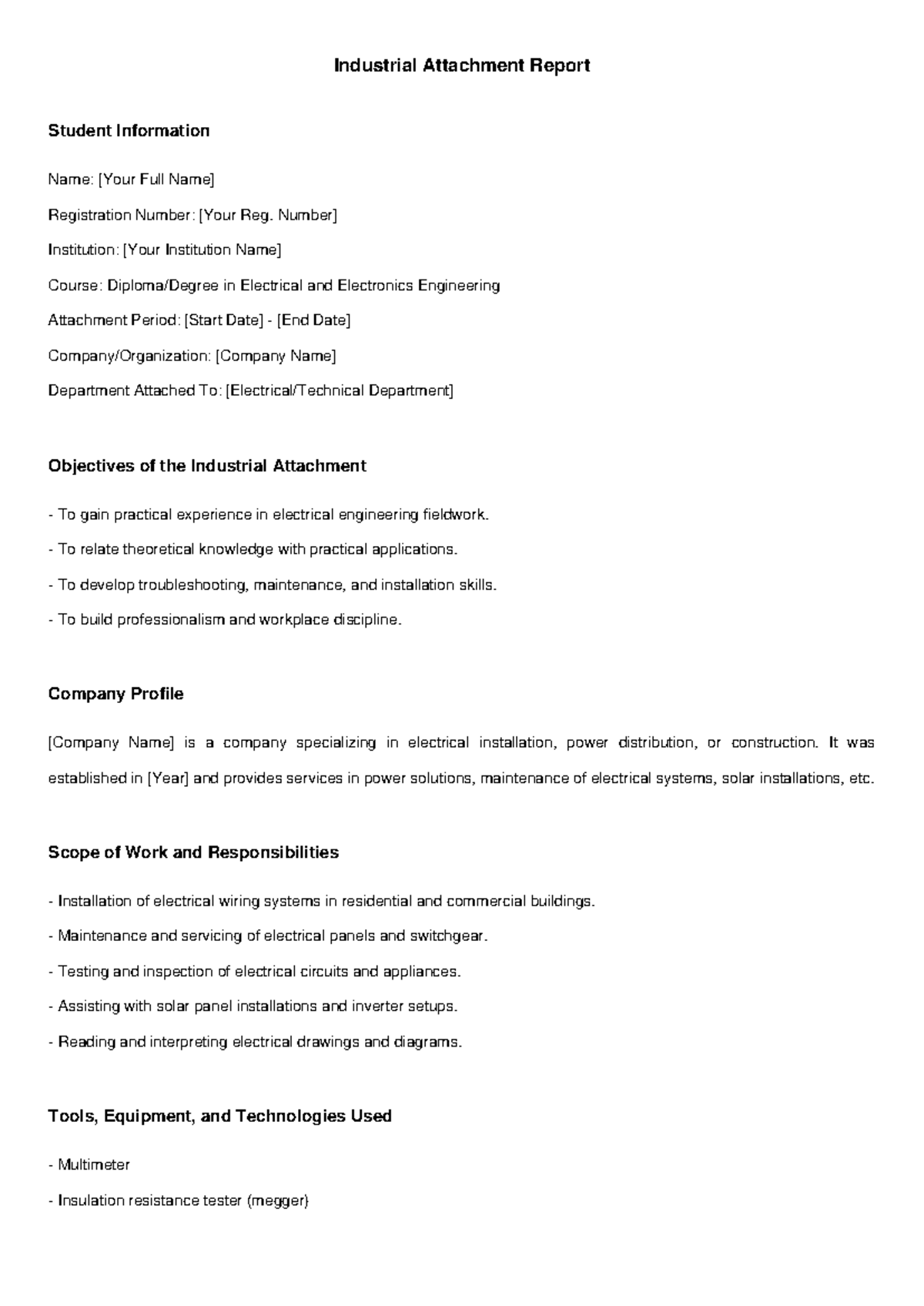 Electrical Attachment Report: Practical Experience in EE Engineering ...