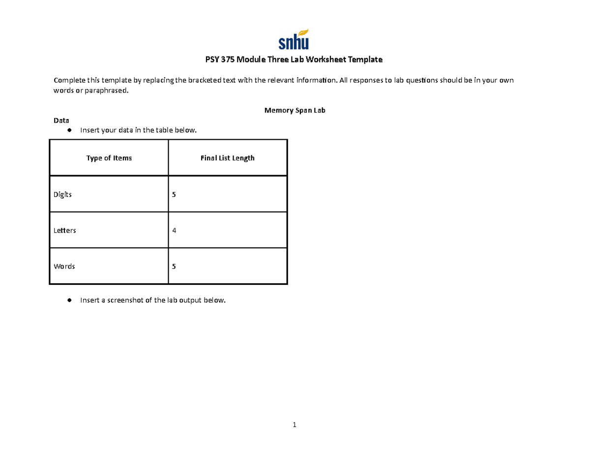 PSY 375 Module Three Lab Worksheet - All responses to lab questions ...