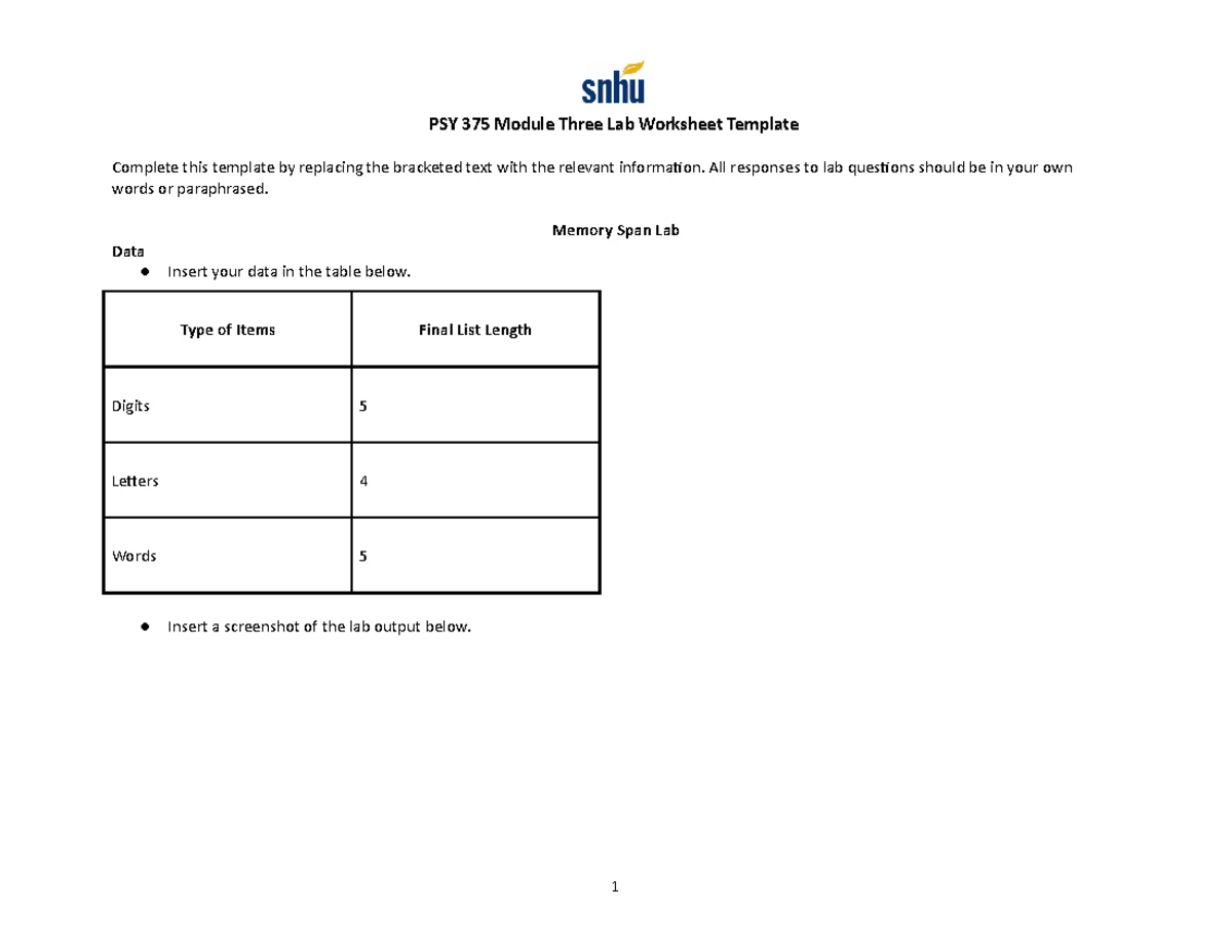 PSY 375 Module Two Lab Worksheet: Data Analysis & Findings - Studocu