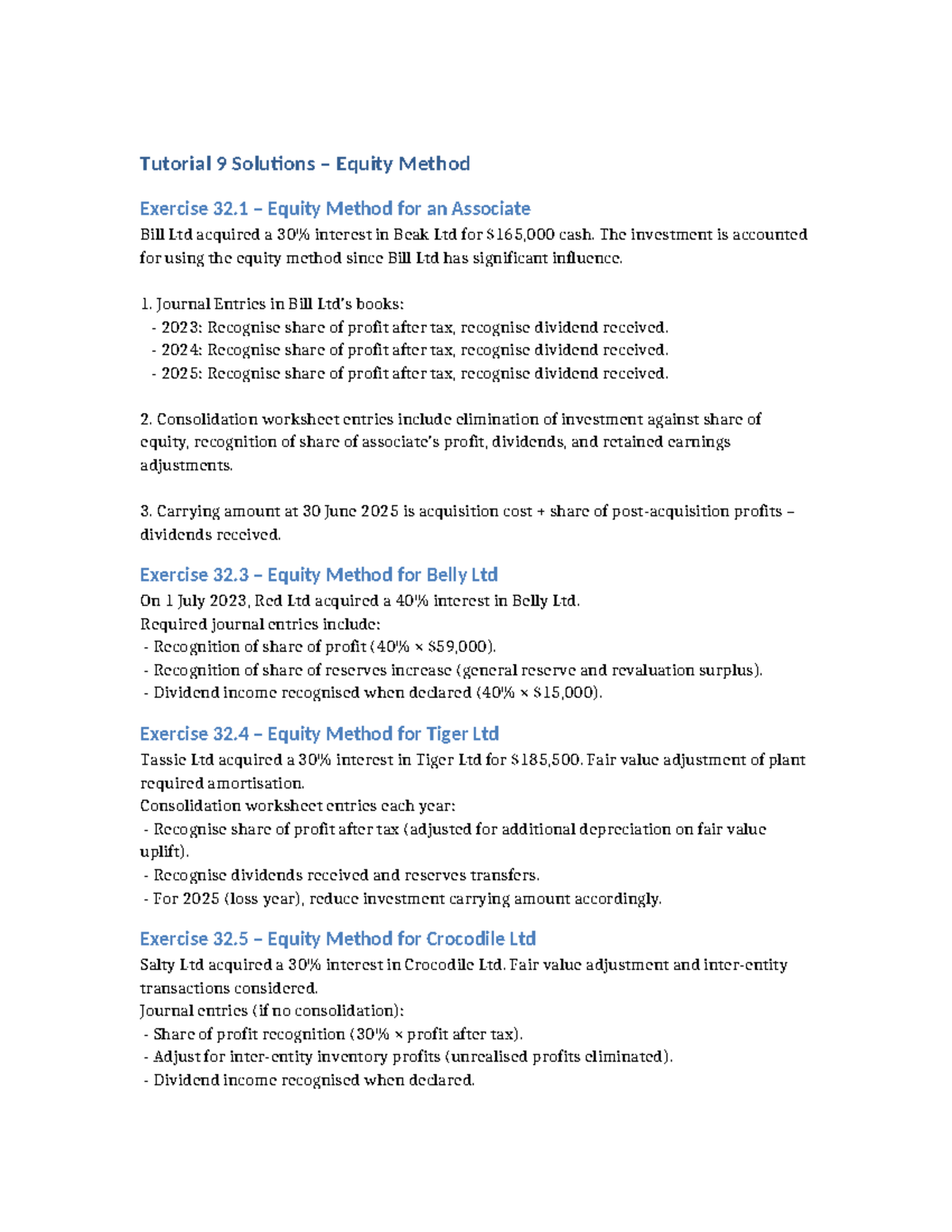 Tutorial 9 Solutions: Equity Method Exercises and Journal Entries - Studocu