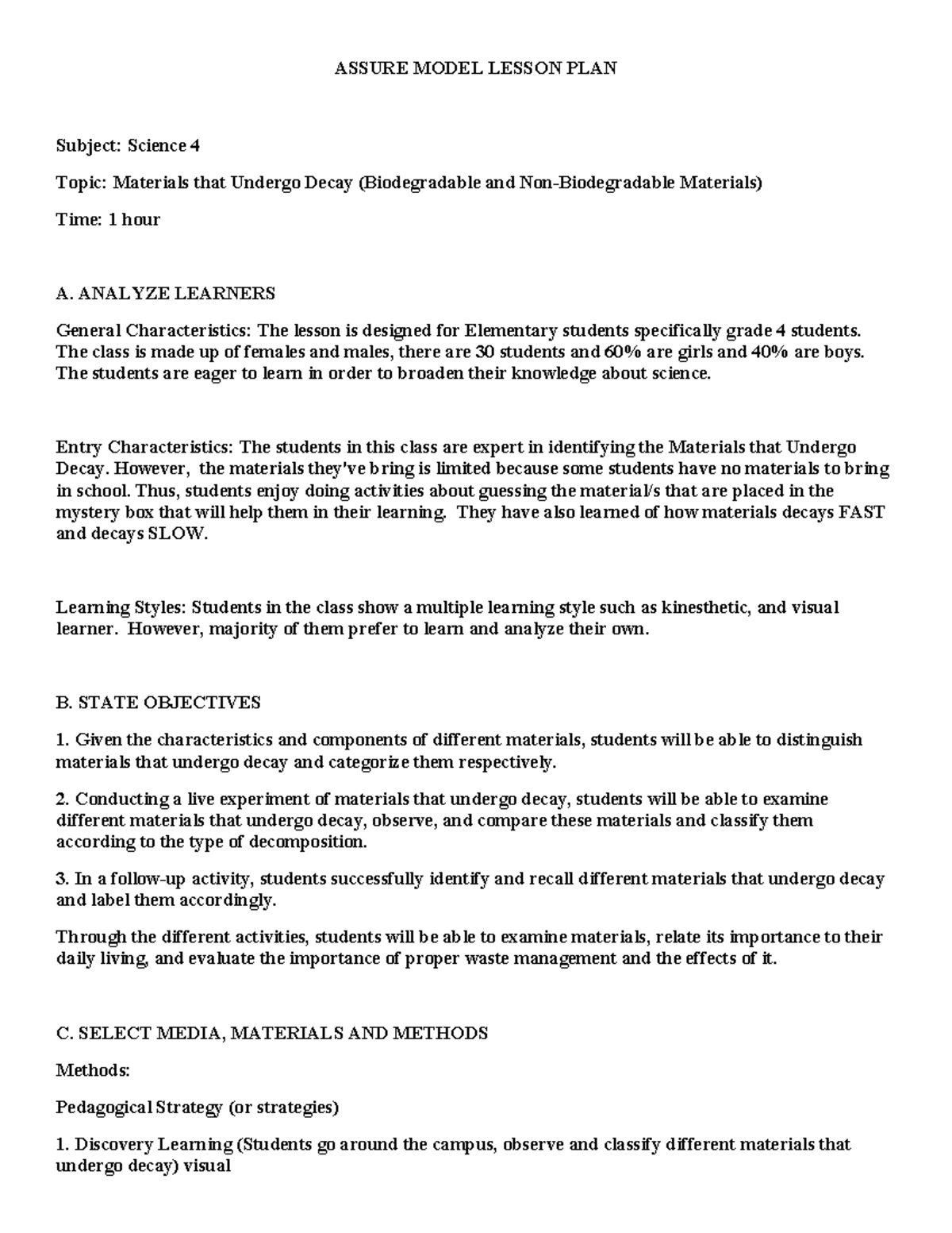 ASSURE Lesson Plan for Science 4: Decay of Materials - Studocu